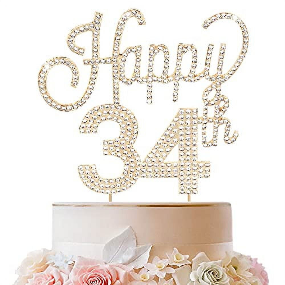 LINGTEER Happy 34th Birthday Gold Rhinestone Cake Topper - Cheers to ...