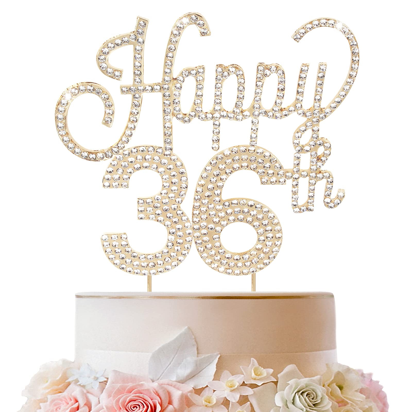 LINGTEER Happy 36th Birthday Gold Rhinestone Cake Topper - Cheers to ...