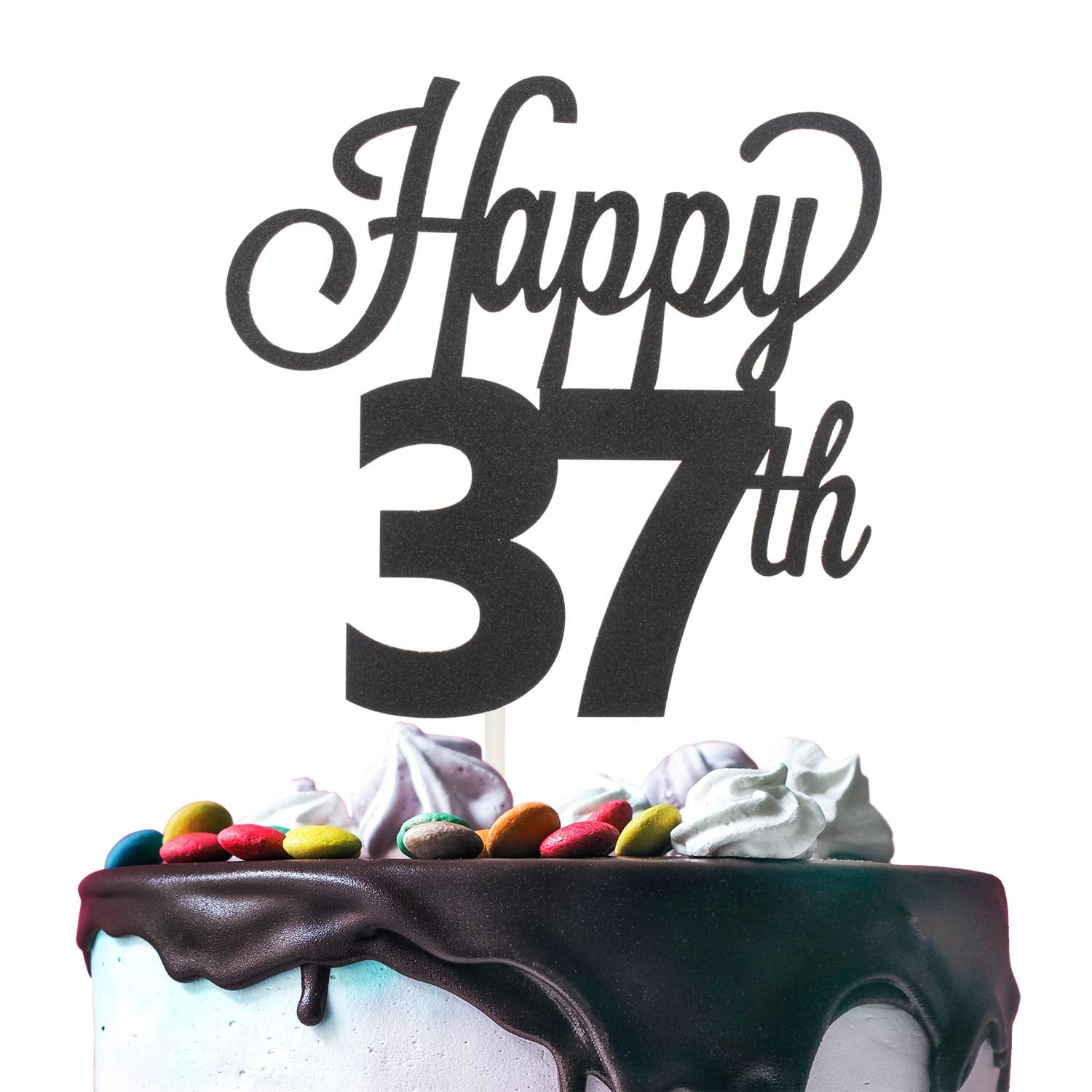 LINGTEER Happy 37th Birthday Black Cake Topper - Cheers to 37th ...