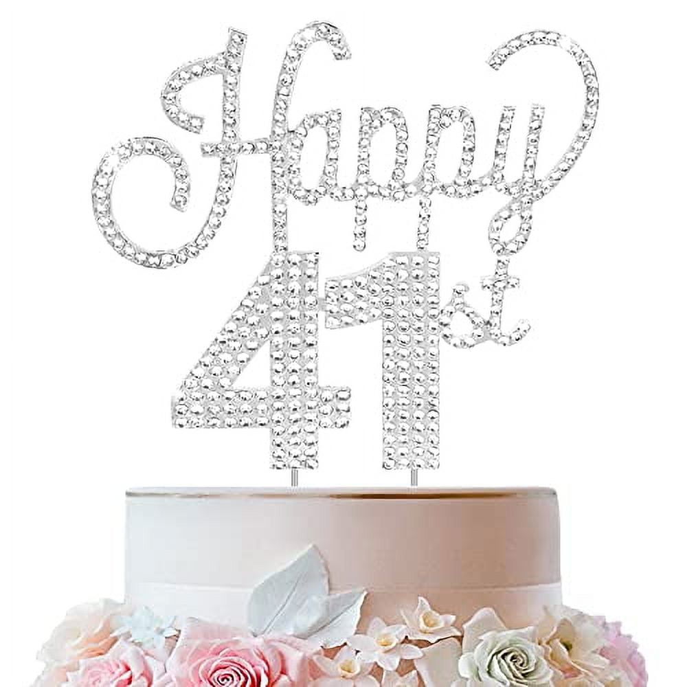 LINGTEER Happy 41st Birthday Silver Rhinestone Cake Topper - Cheers to ...