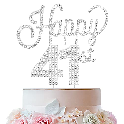 LINGTEER Happy 41st Birthday Silver Rhinestone Cake Topper - Cheers to ...