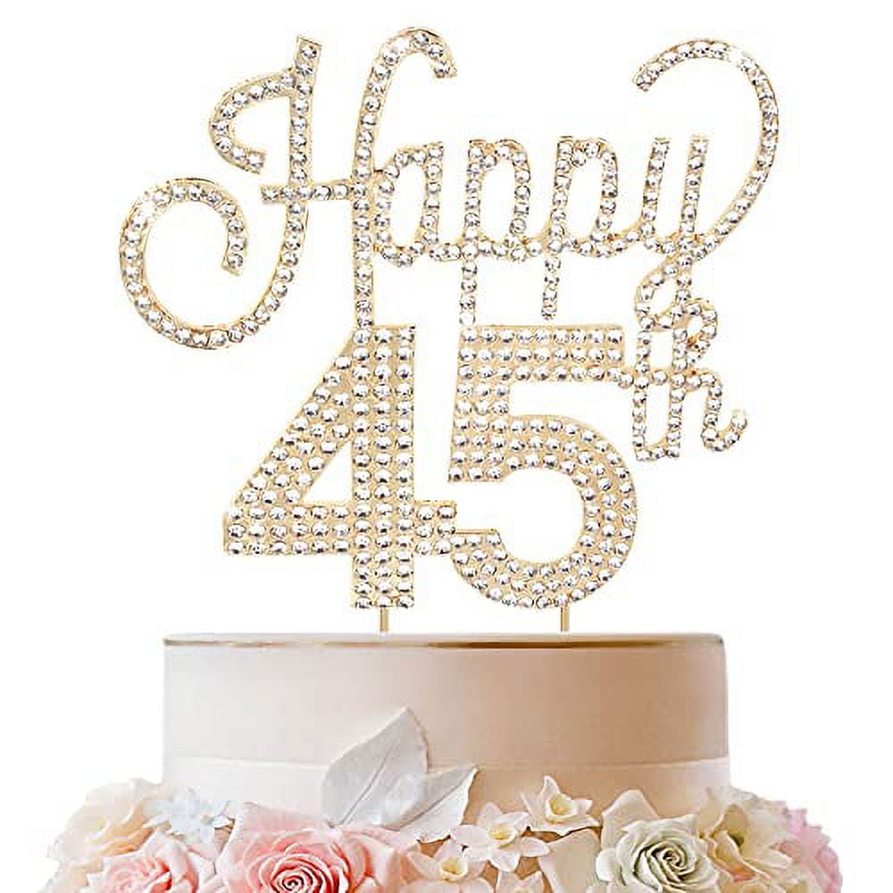 LINGTEER Happy 45th Birthday Gold Rhinestone Cake Topper - Cheers to ...