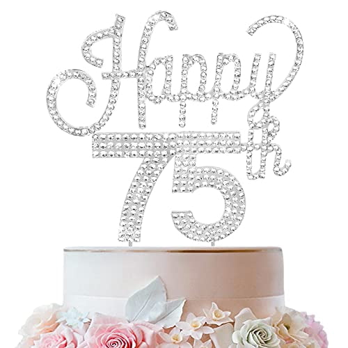 LINGTEER Happy 75th Birthday Silver Rhinestone Cake Topper - Cheers to ...