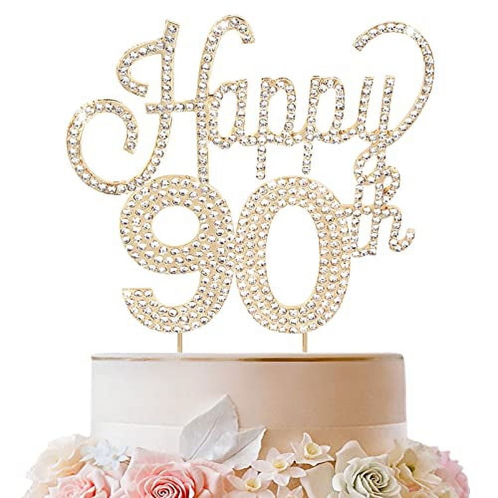 LINGTEER Happy 90th Birthday Gold Rhinestone Cake Topper - Cheers to ...