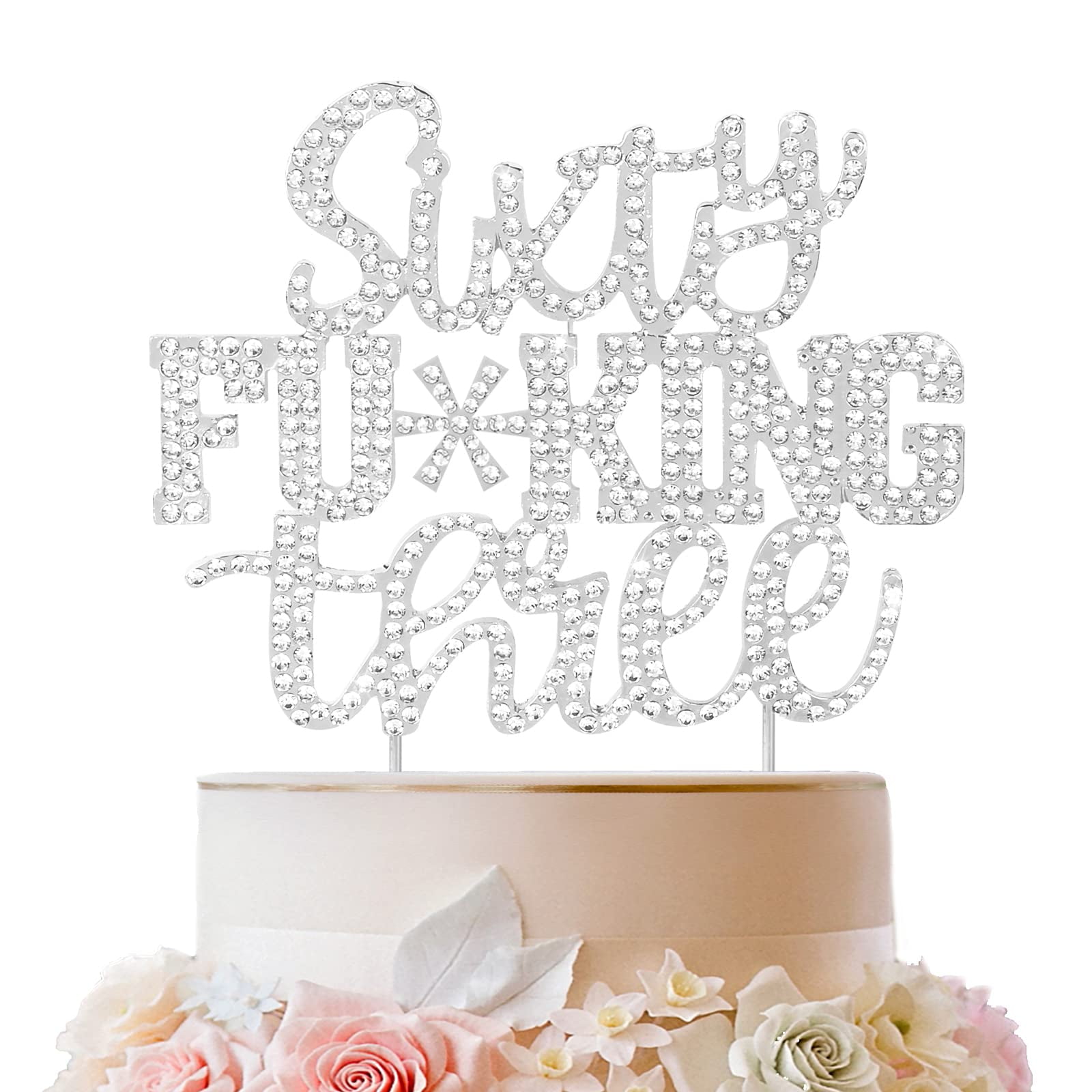 LINGTEER Sixty-Three Funny Silver Rhinestone Cake Topper - Cheers to 63 ...