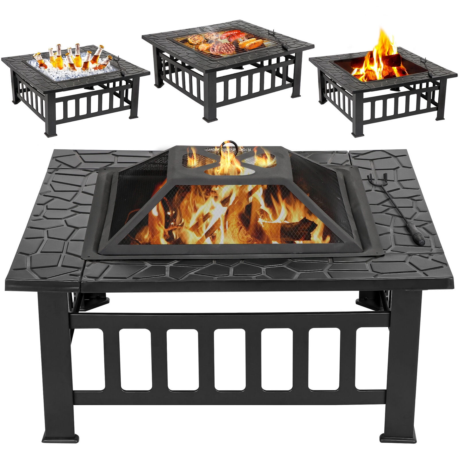 LINJH 32" Outdoor Metal Firepit - Backyard Patio Garden Square Stove ...