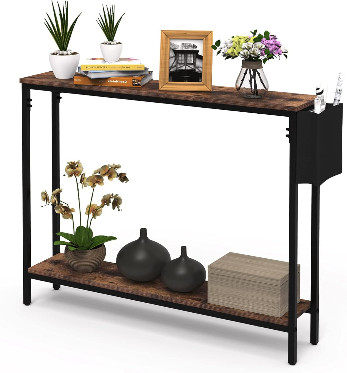 LINJH 39.4" Console Entryway Table, 2-Tier Industrial Narrow Sofa Table ...