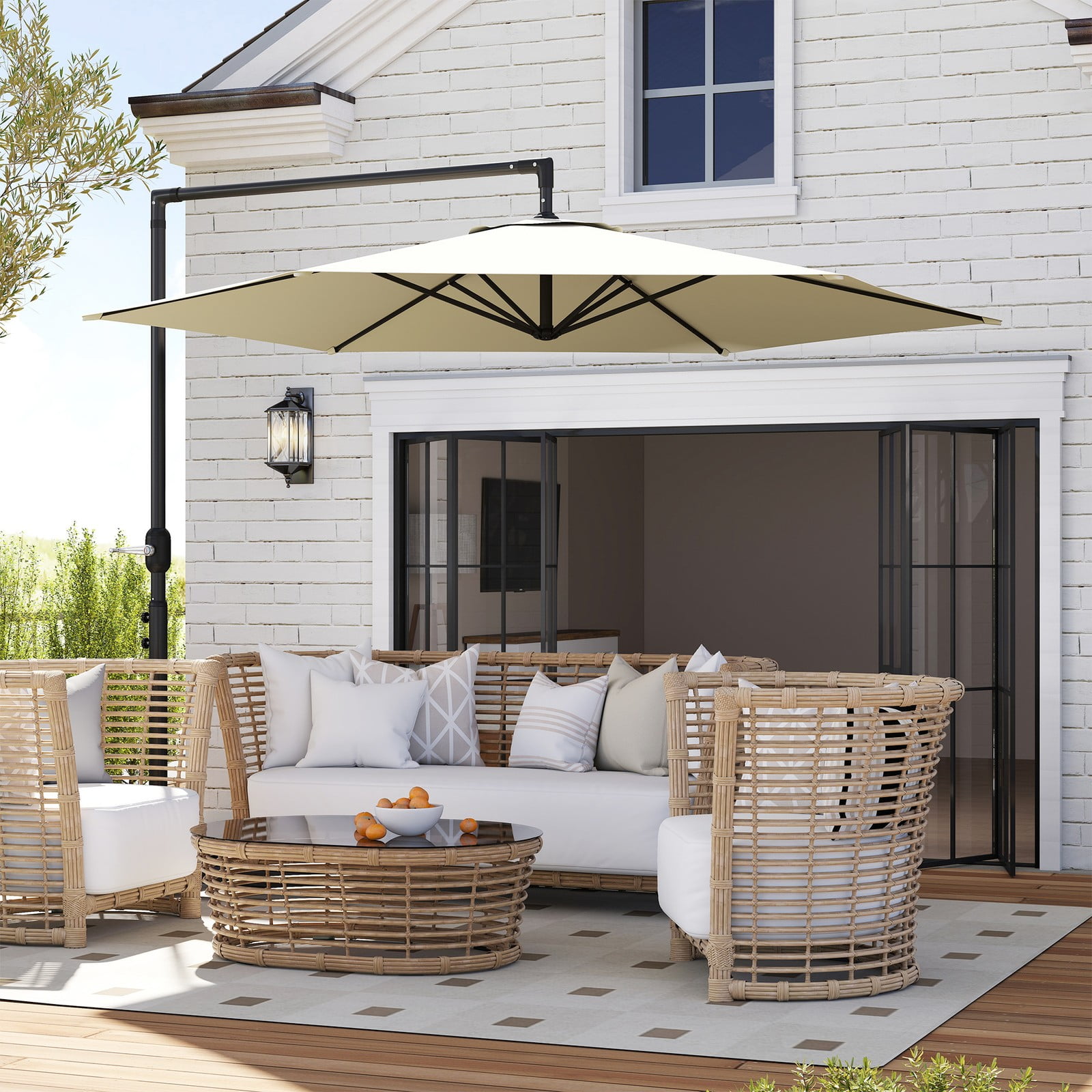 LINJH 9.5FT Cantilever Patio Umbrella w/ Crank Cross Base Hanging ...
