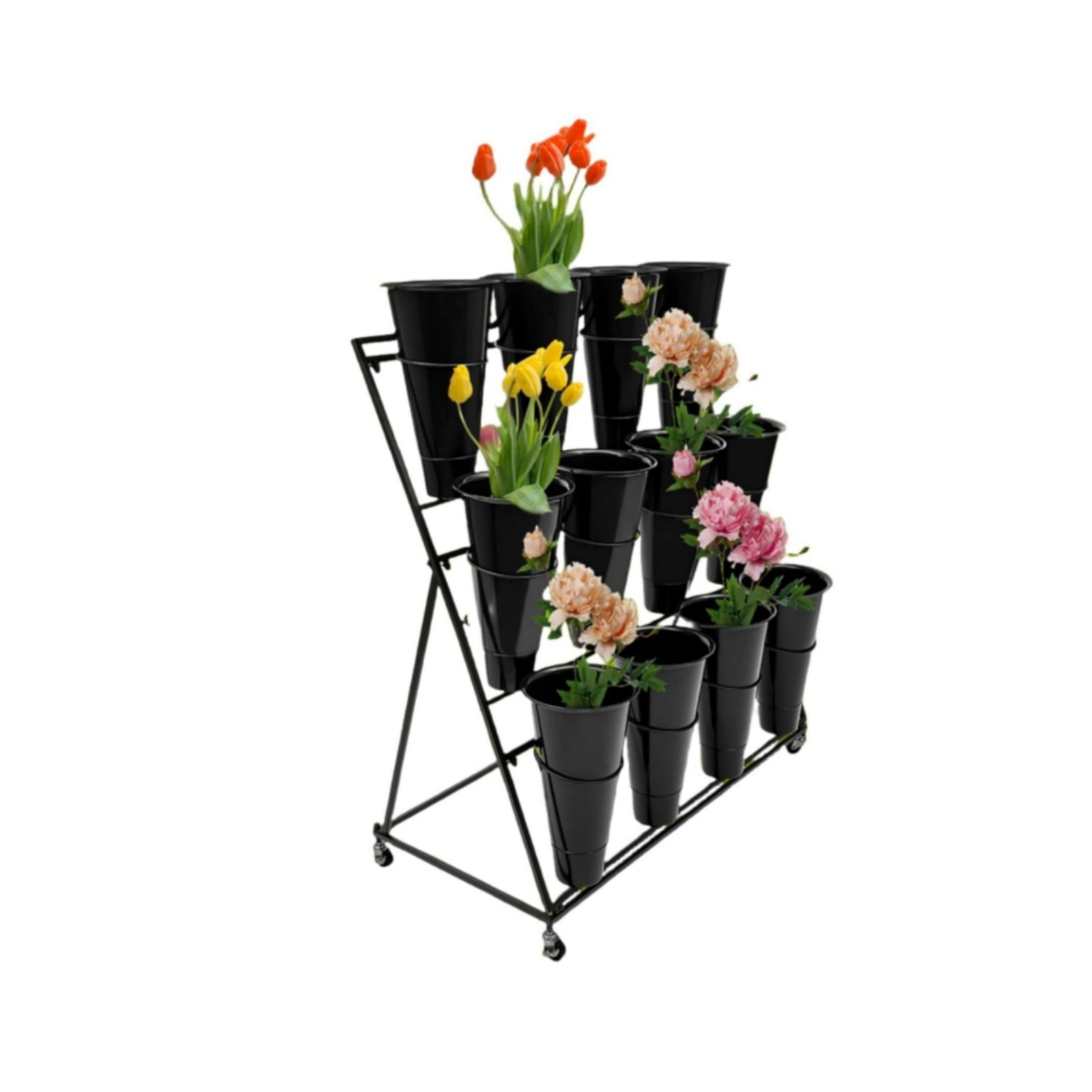 LINJI 1 Pcs Black Metal 3-Tier Flower Stand - Movable with Wheels ...