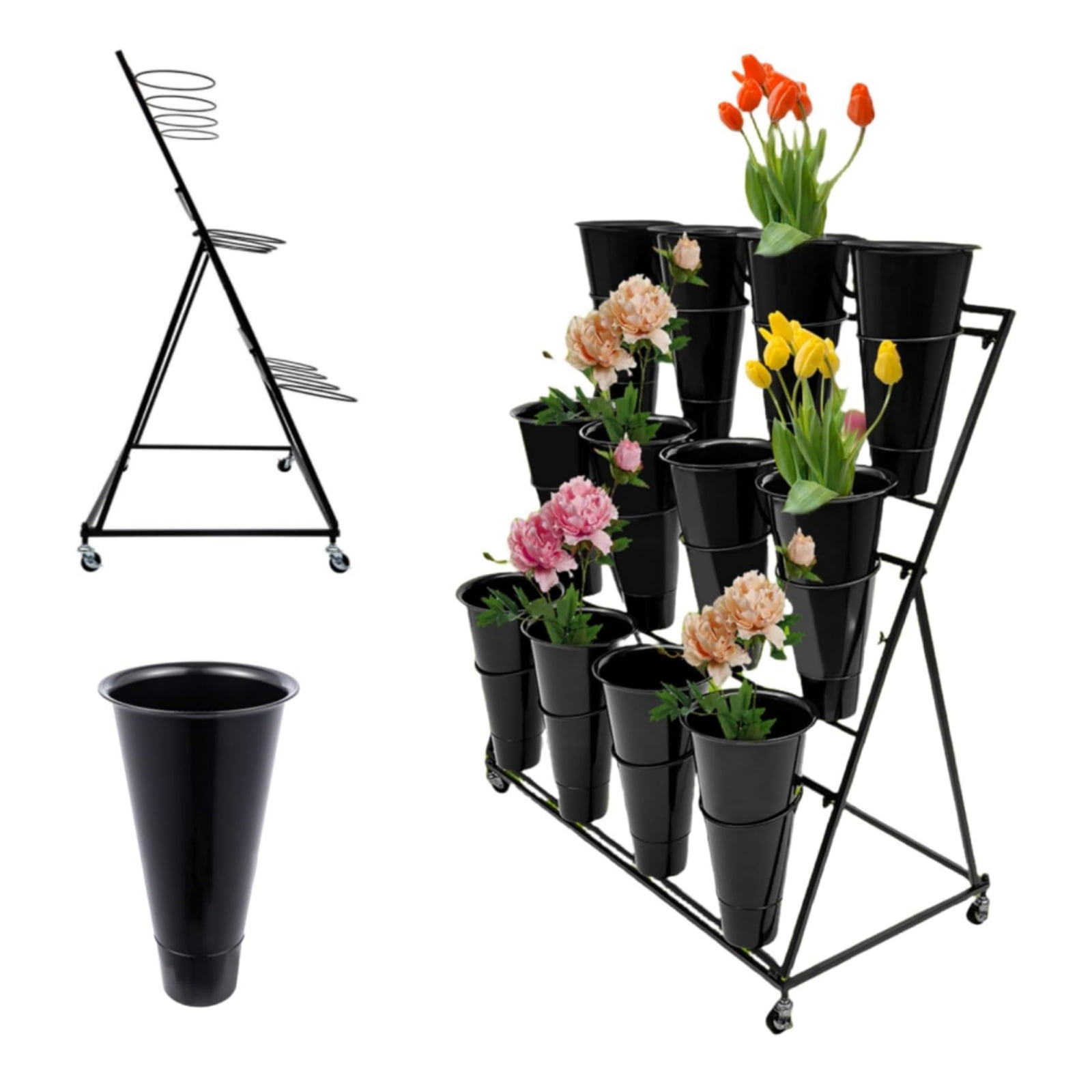 LINJI 1 Pcs Elegant Black Flower Stand - 3-Tier Metal Display with 12 Round Buckets for Indoor ...