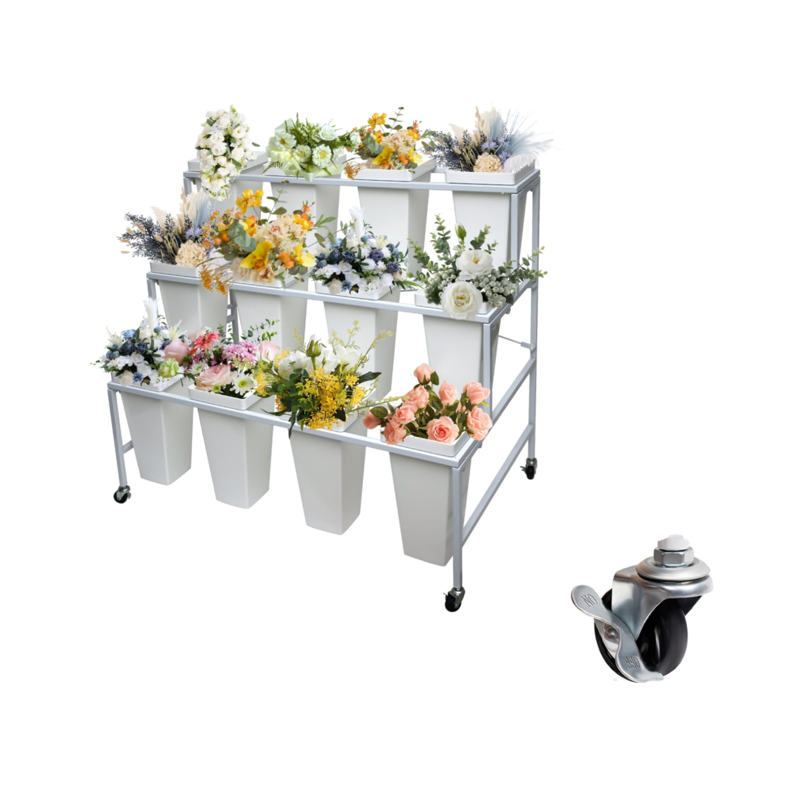 LINJI 1 Pcs White Frame Flower Display Stand - 3-Tier Wrought Iron Plant Stand with 12 Square ...