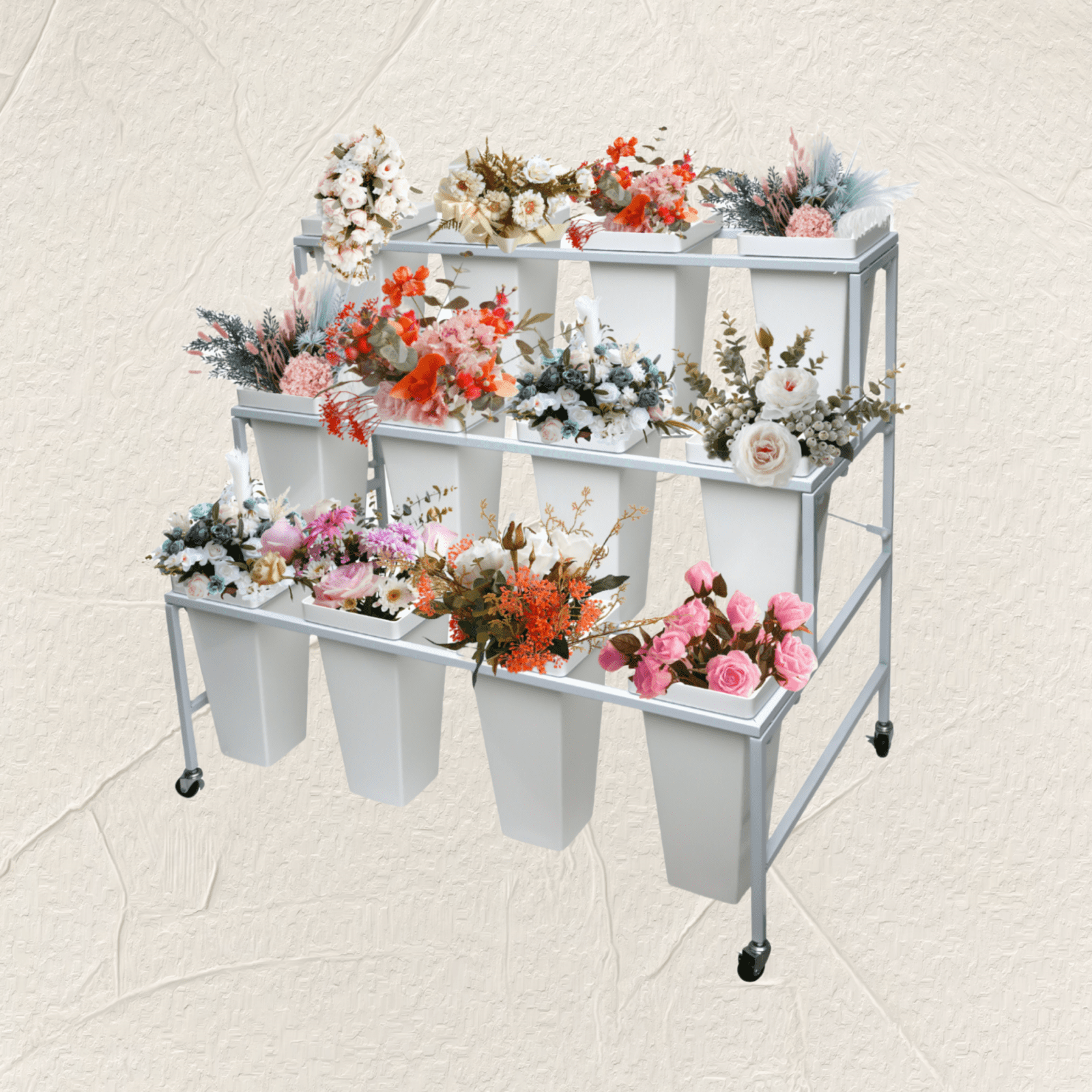 LINJI 12 Square Barrel Flower Stand - White Wrought Iron 3-Tier Display ...