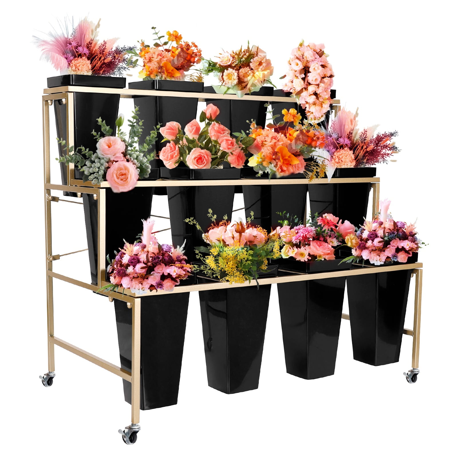 LINJI 12 Square Buckets Flower Stand - Black 3-Tier Portable Plant ...