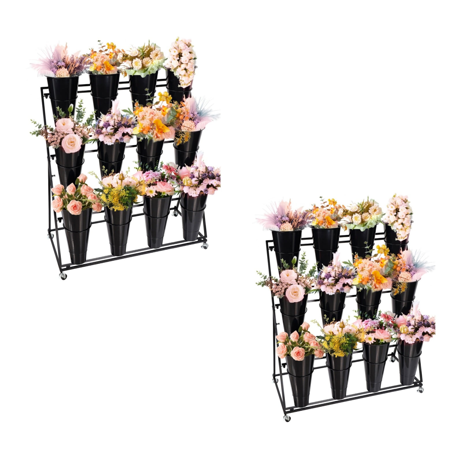 LINJI 2 Pcs Black 3-Tier Flower Stand with 12 Round Buckets - Elegant Movable Metal Plant ...
