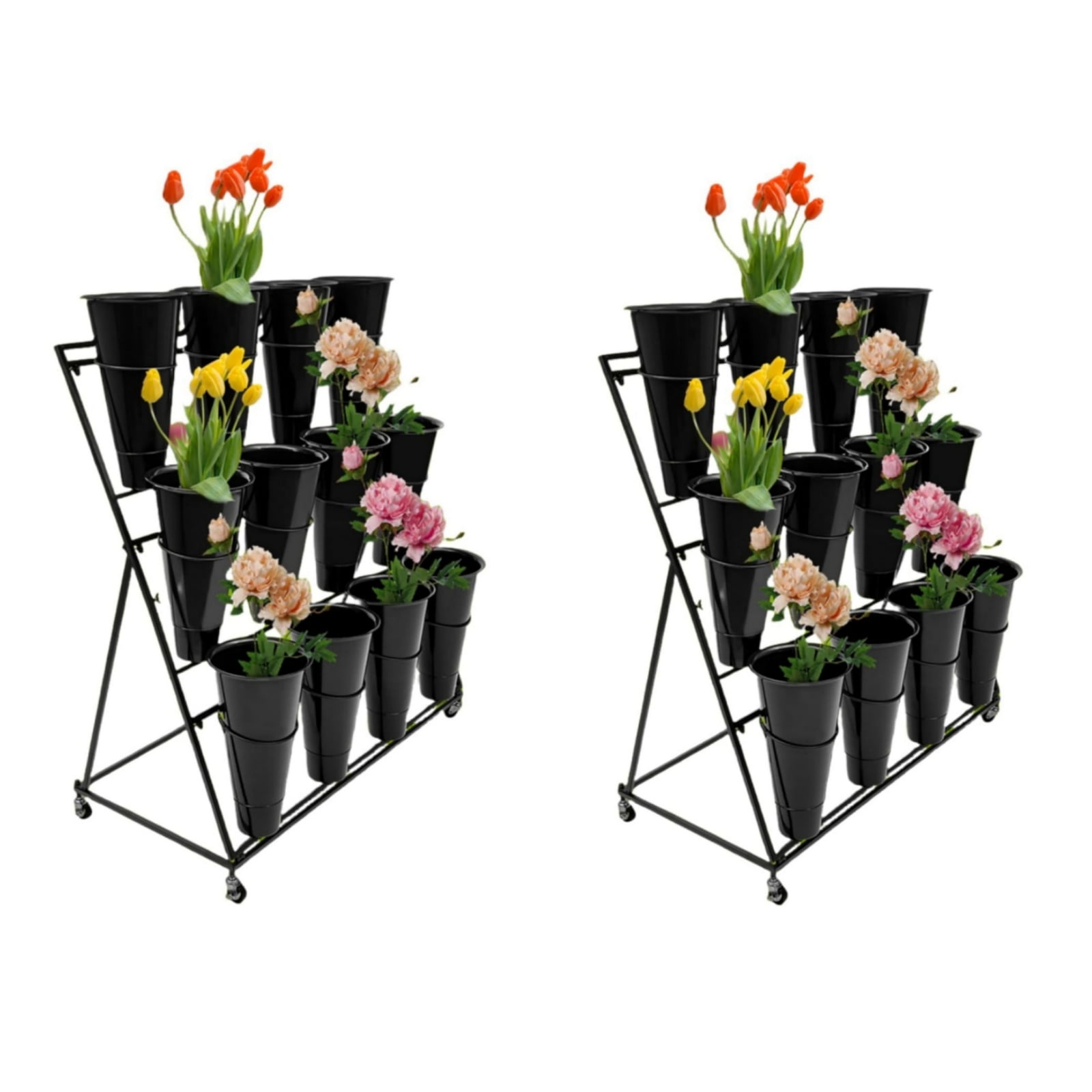 LINJI 2 Pcs Black Metal 3-Tier Flower Stand - Movable with Wheels ...