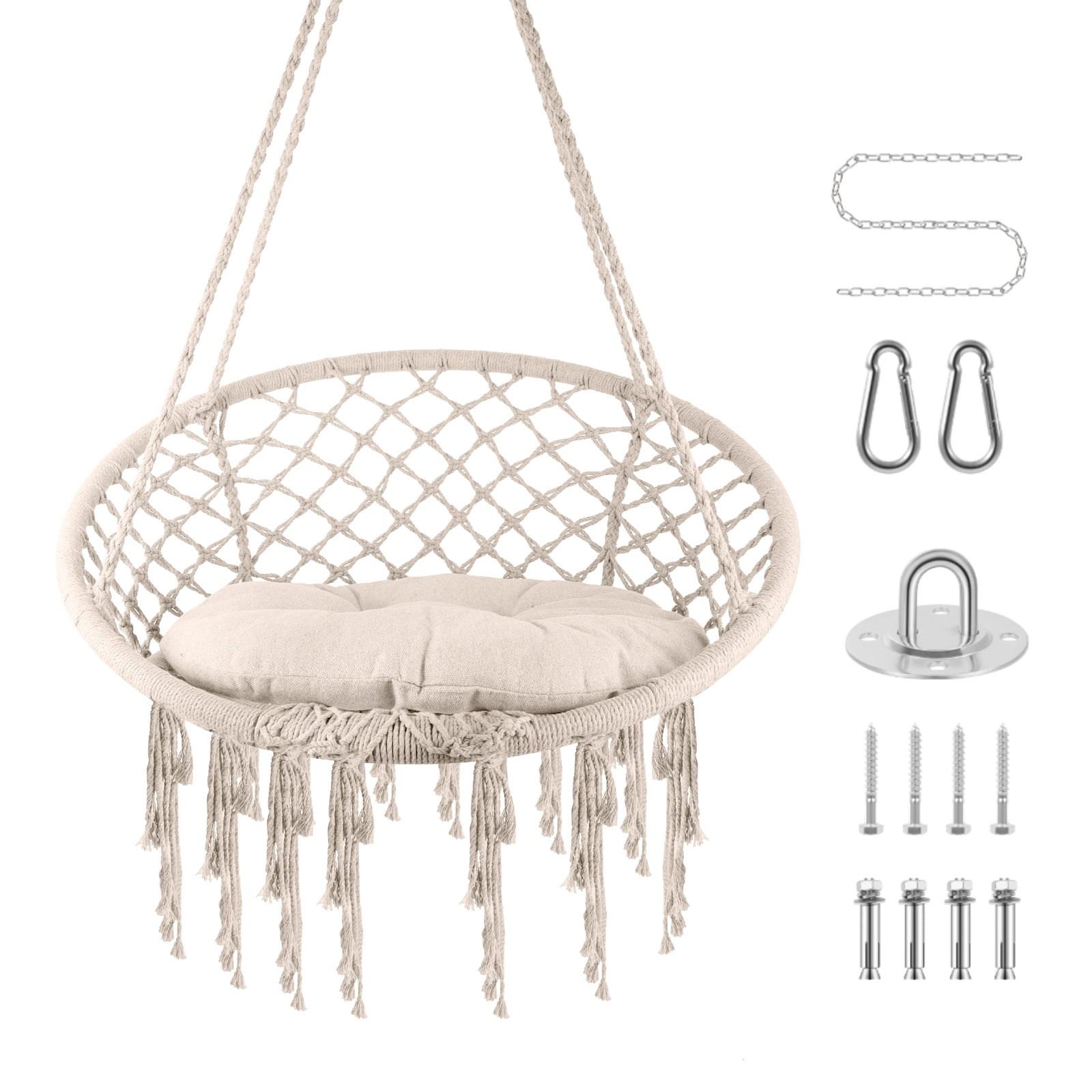 LINJI Beige Cotton Macrame Chair - Hanging Swing Hammock with Cushion ...