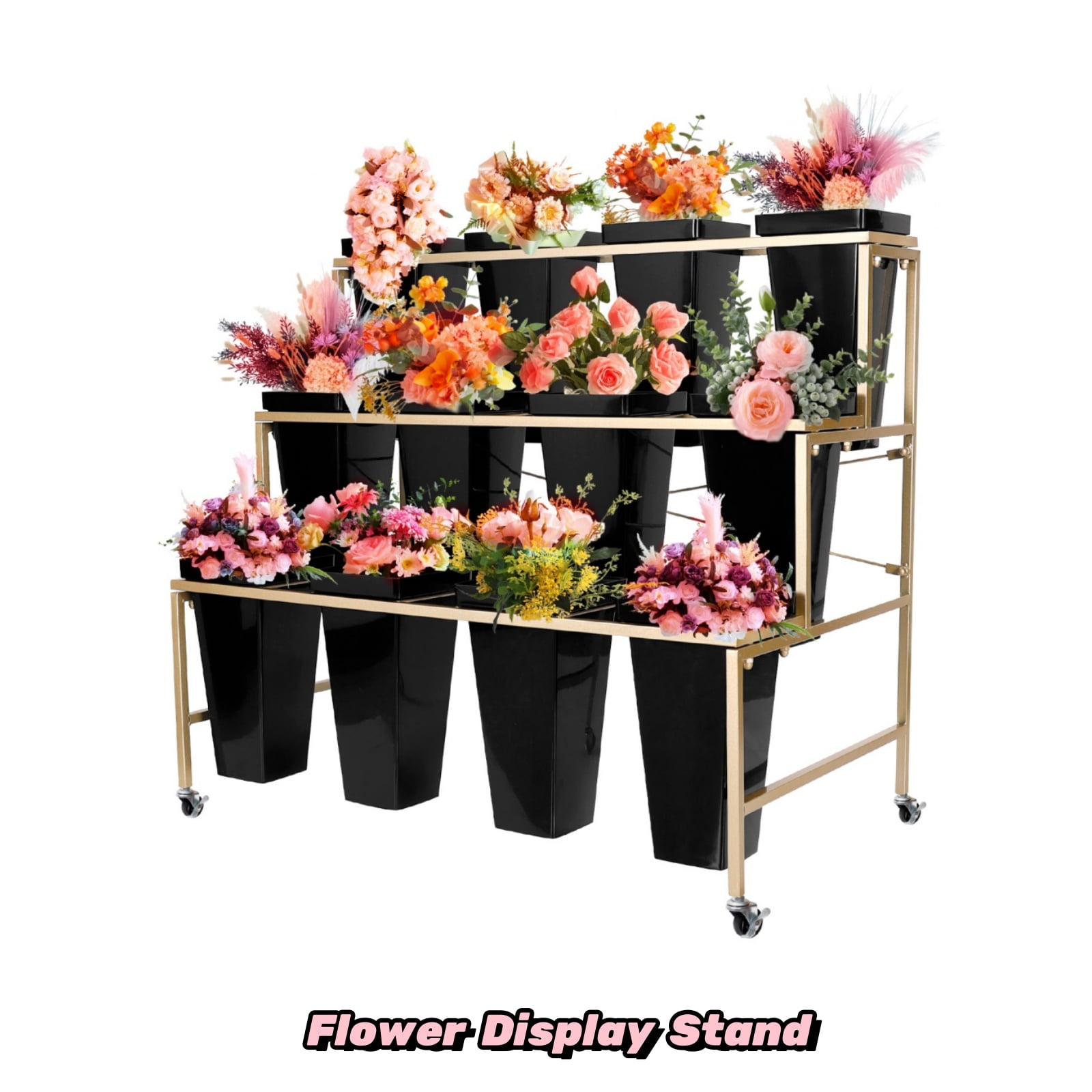 LINJI Black 3-Tier Portable Flower Stand - 12 Square Buckets Plant ...