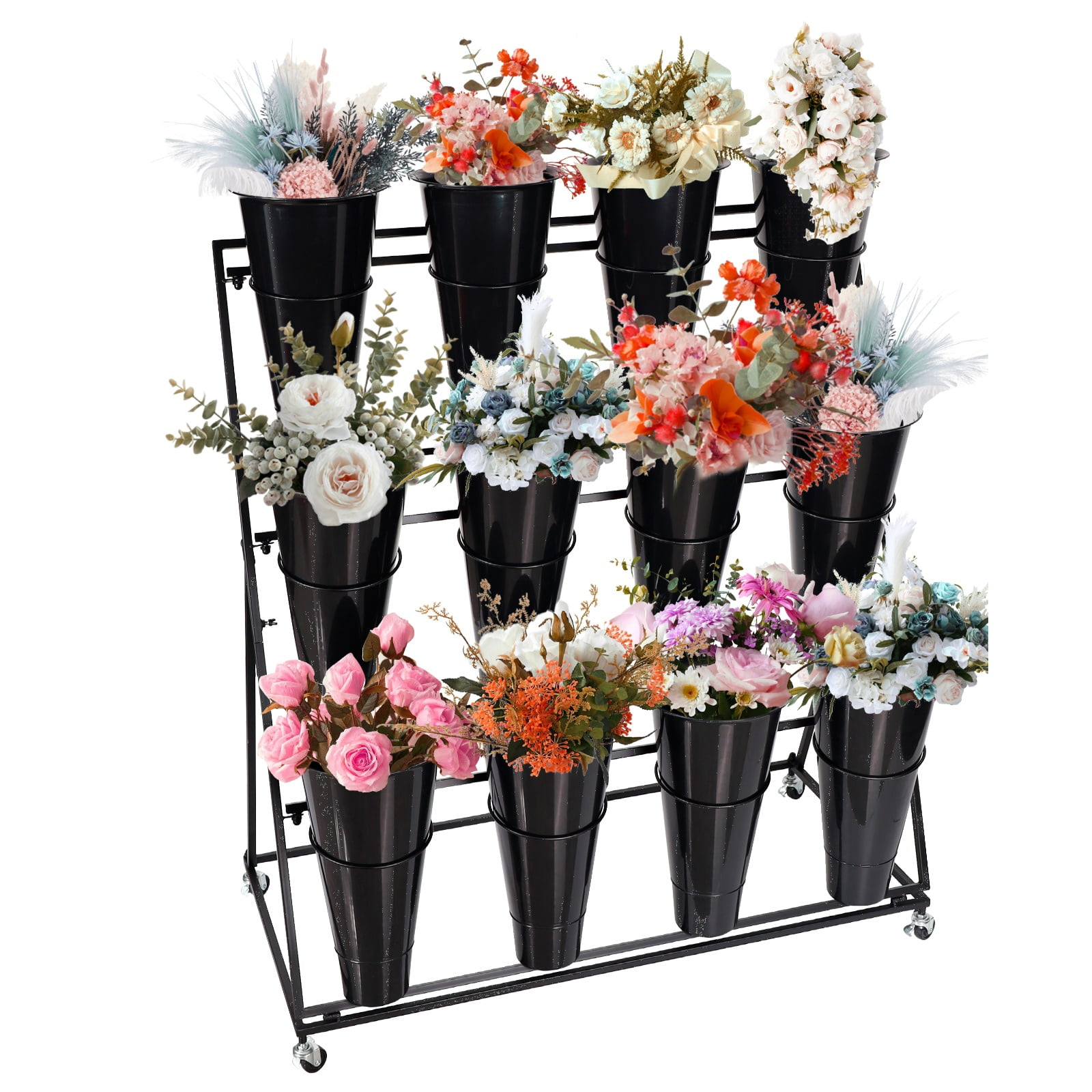 LINJI 12 Round Buckets Black Flower Stand - 3-Tier Display for Terrace ...