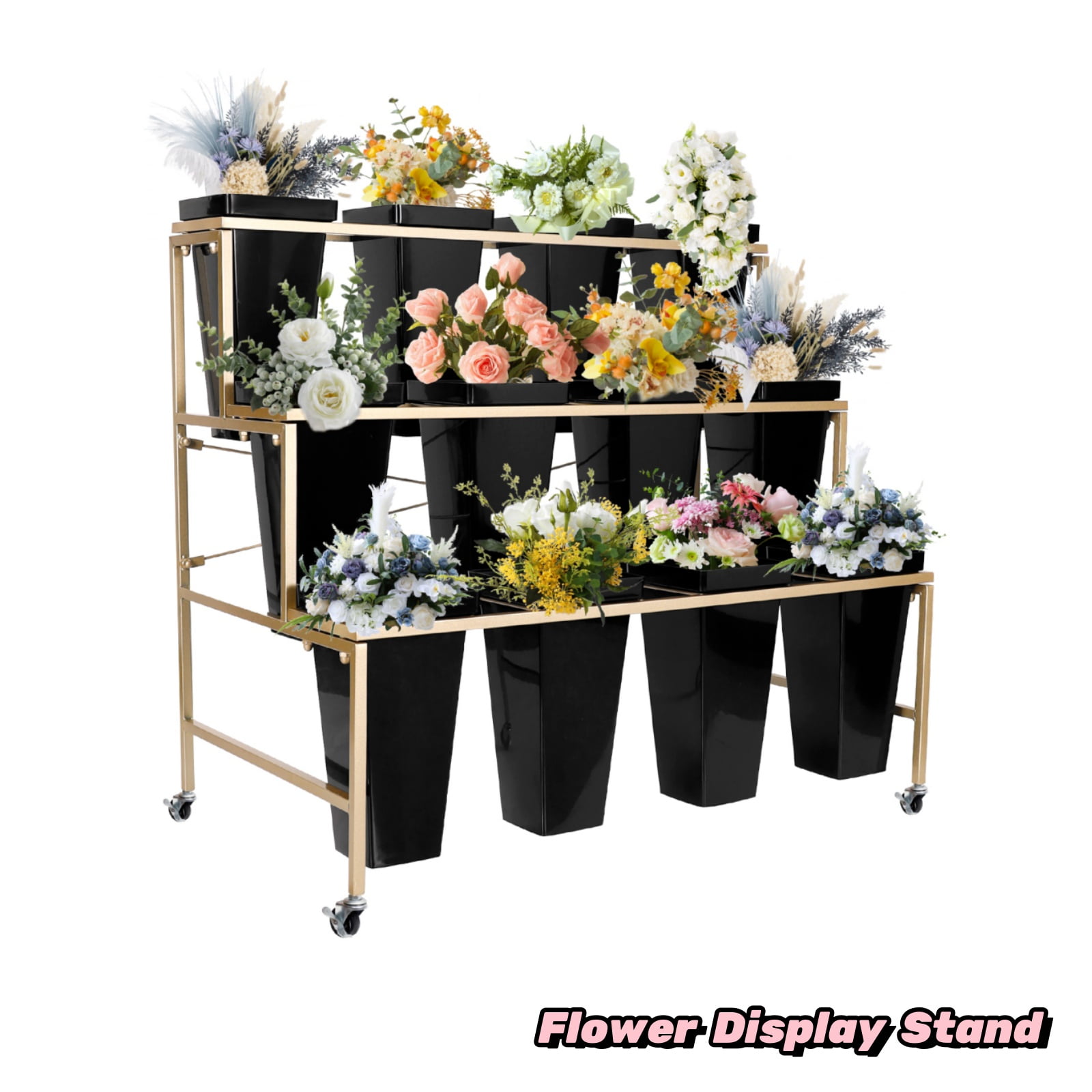 LINJI Black Portable 3-Tier Flower Stand - 12 Square Buckets Trolley ...