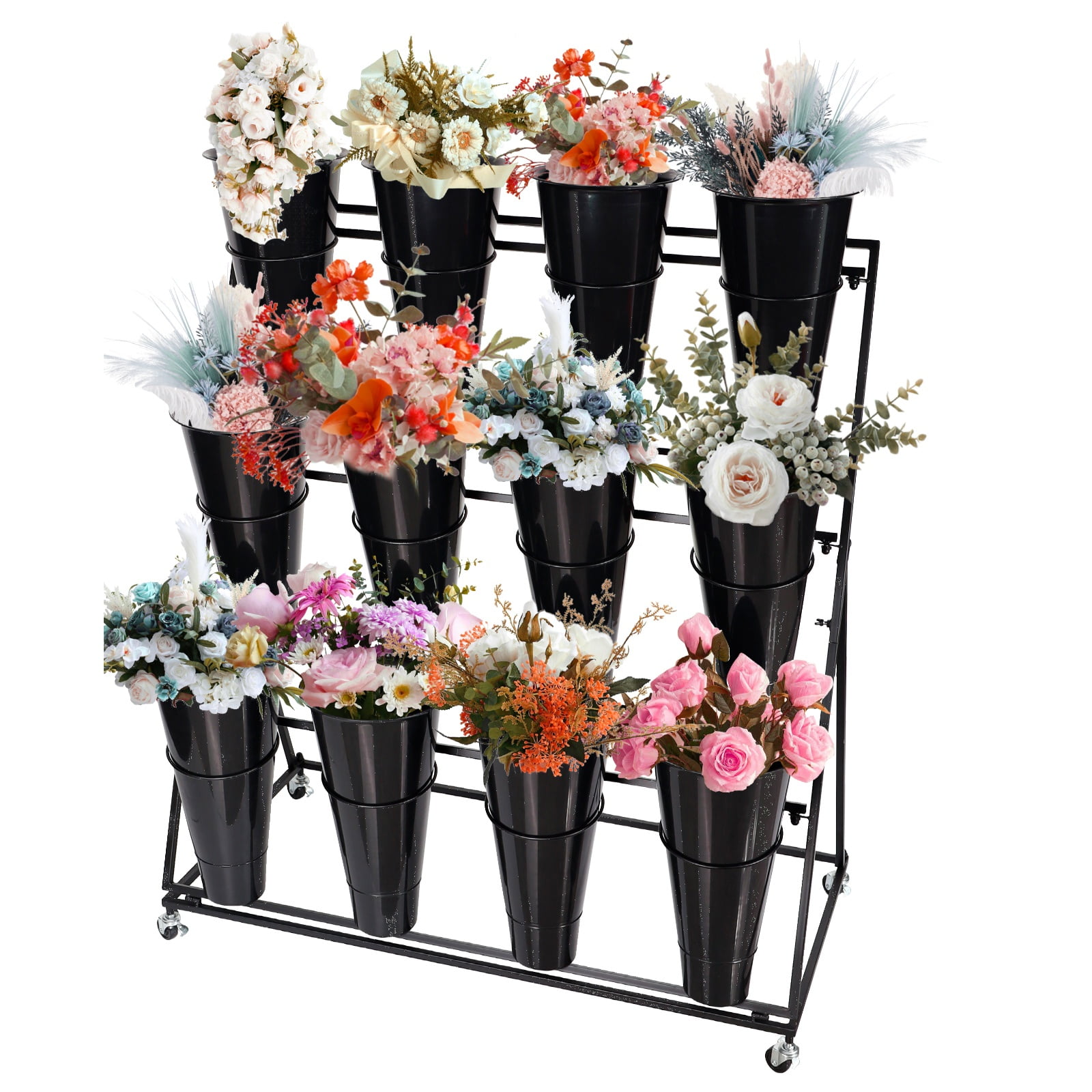 LINJI Elegant Black 3-Tier Flower Stand - Mobile Metal Plant Display ...