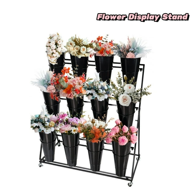 LINJI Indoor/Outdoor Black Flower Stand - 3-Tier Metal Display with 12 ...