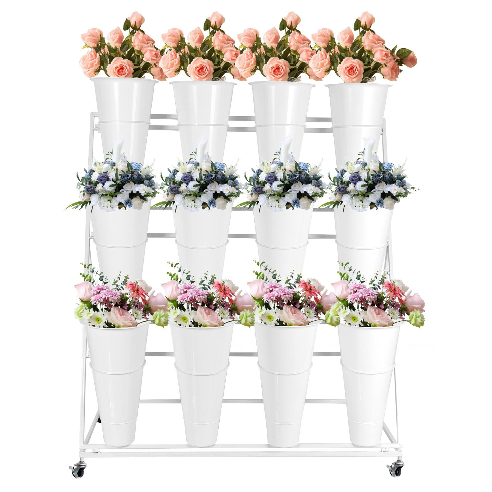 LINJI White 3-Tier Flower Stand - 12 Round Buckets Display for Garden ...