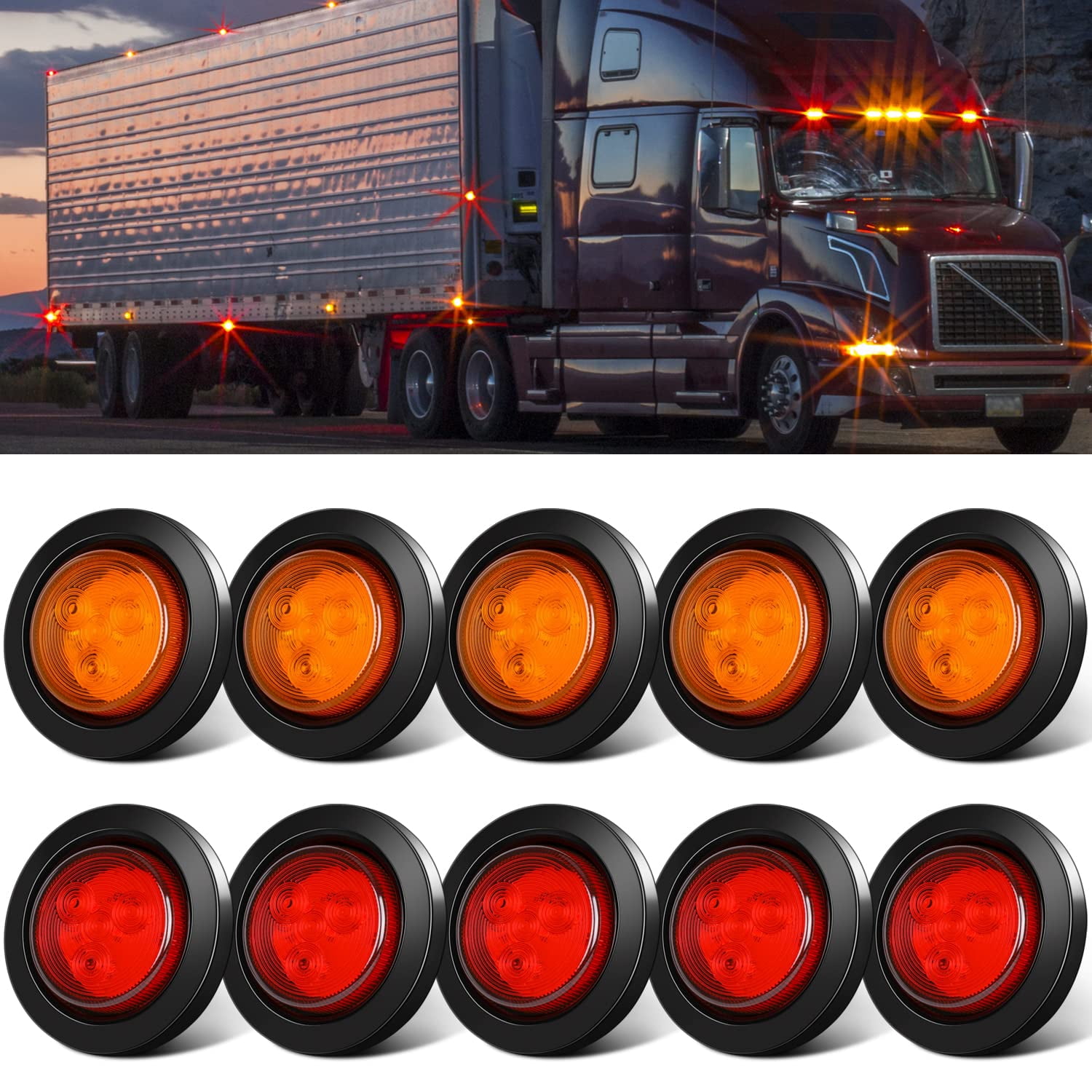 LINKITOM 10-Pack 2" Round 4-LED Side Marker Lights - 5 Amber + 5 Red ...
