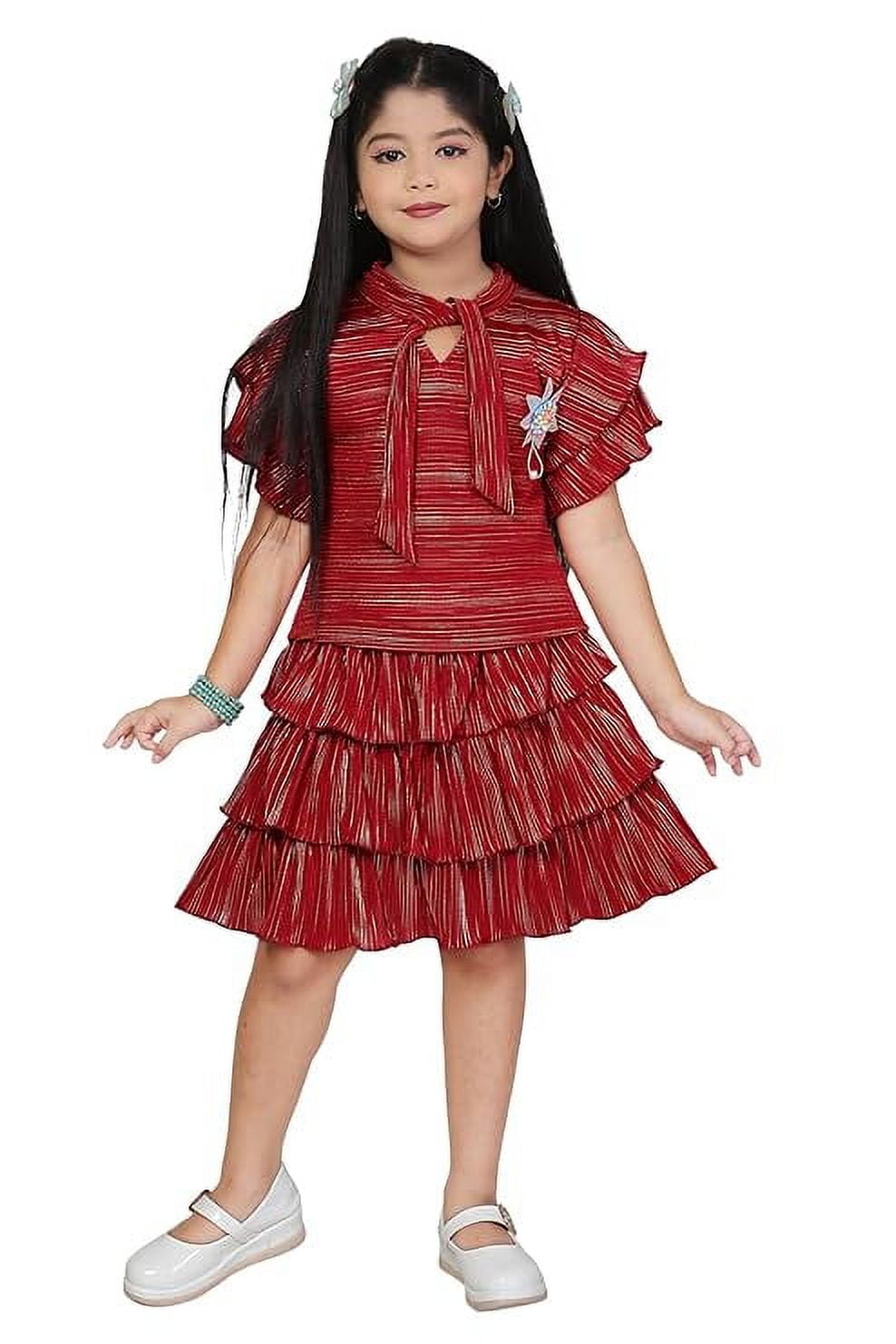 LINKKART FASHION Girls' Red Tiered Frock Dress with Brooch, Sizes 3-4 ...