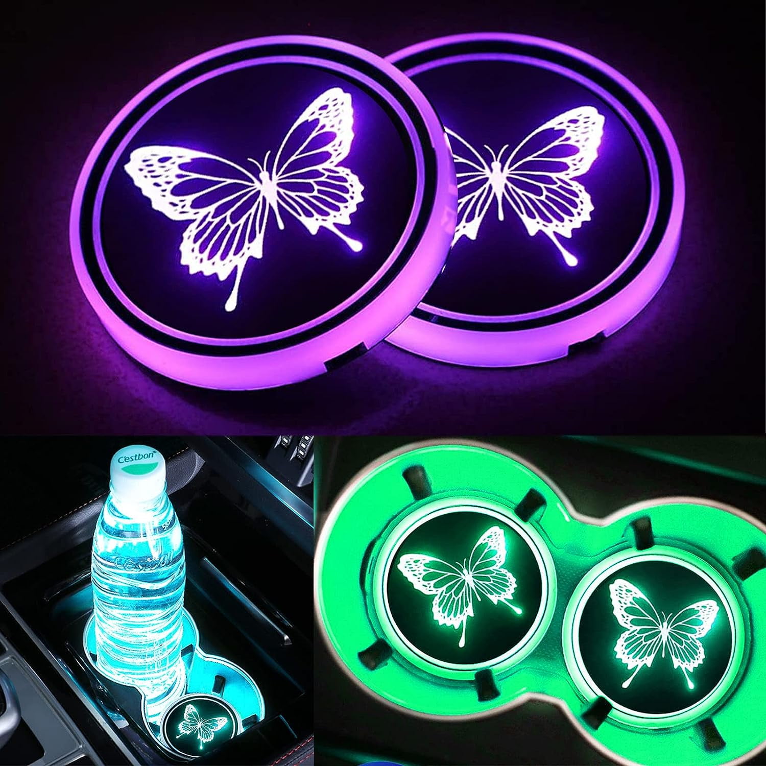 LINLIN Led Cup Holder Lights, 2 Pack Car Cup Holder LED Lights with 7 ...