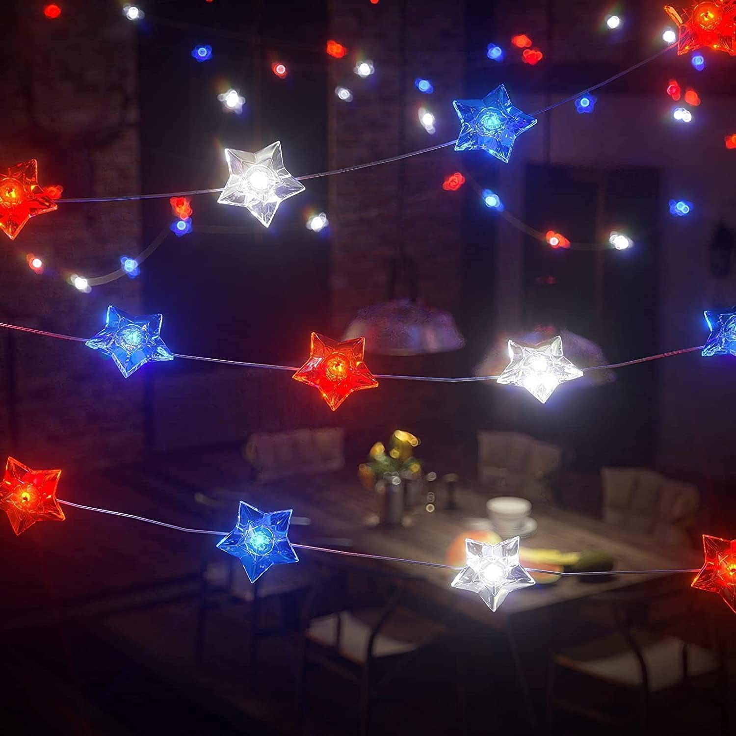 LINLIN Red White Blue Star String Lights Battery Powered 3D Stars Fairy ...