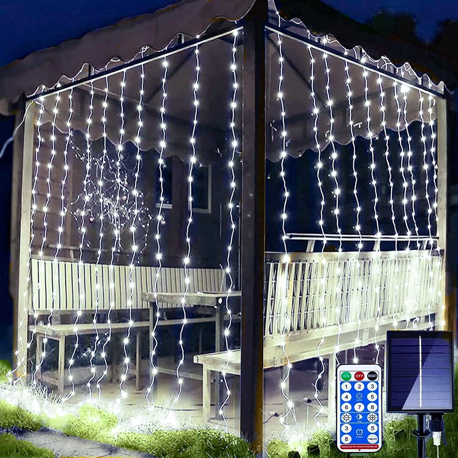 LINLIN Solar Curtain Lights Outdoor 3 x 3 m 300 LED Solar Christmas ...