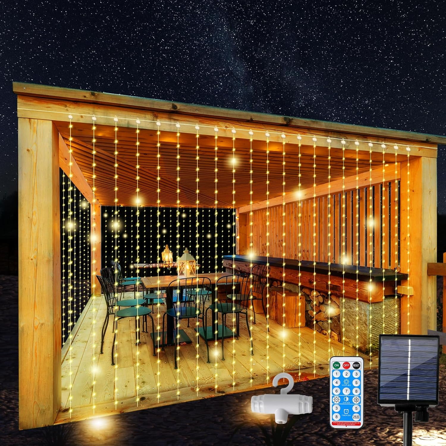 LINLIN Solar Curtain Lights Outdoor,3m x 3m 300LED 8 Modes Remote ...