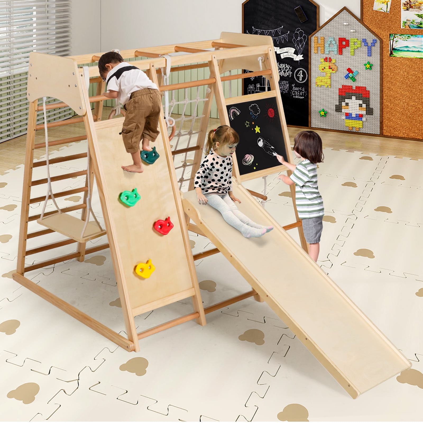 LINLUX 10 in 1 Wooden Climber Slide Playset, Kids Climbing Toyset ...