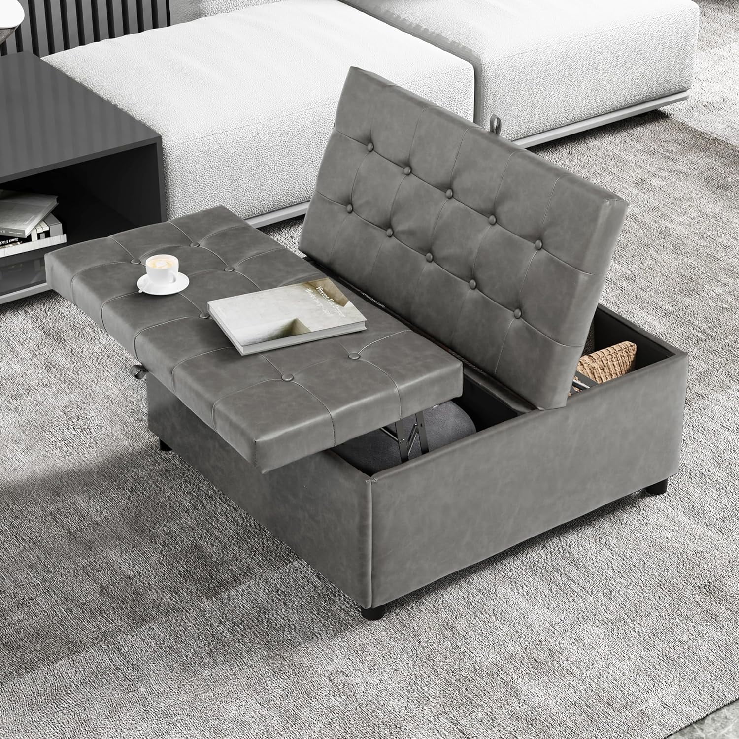 LINLUX 35.5 Inch Large Leather Storage Ottoman, Square Ottoman Coffee ...