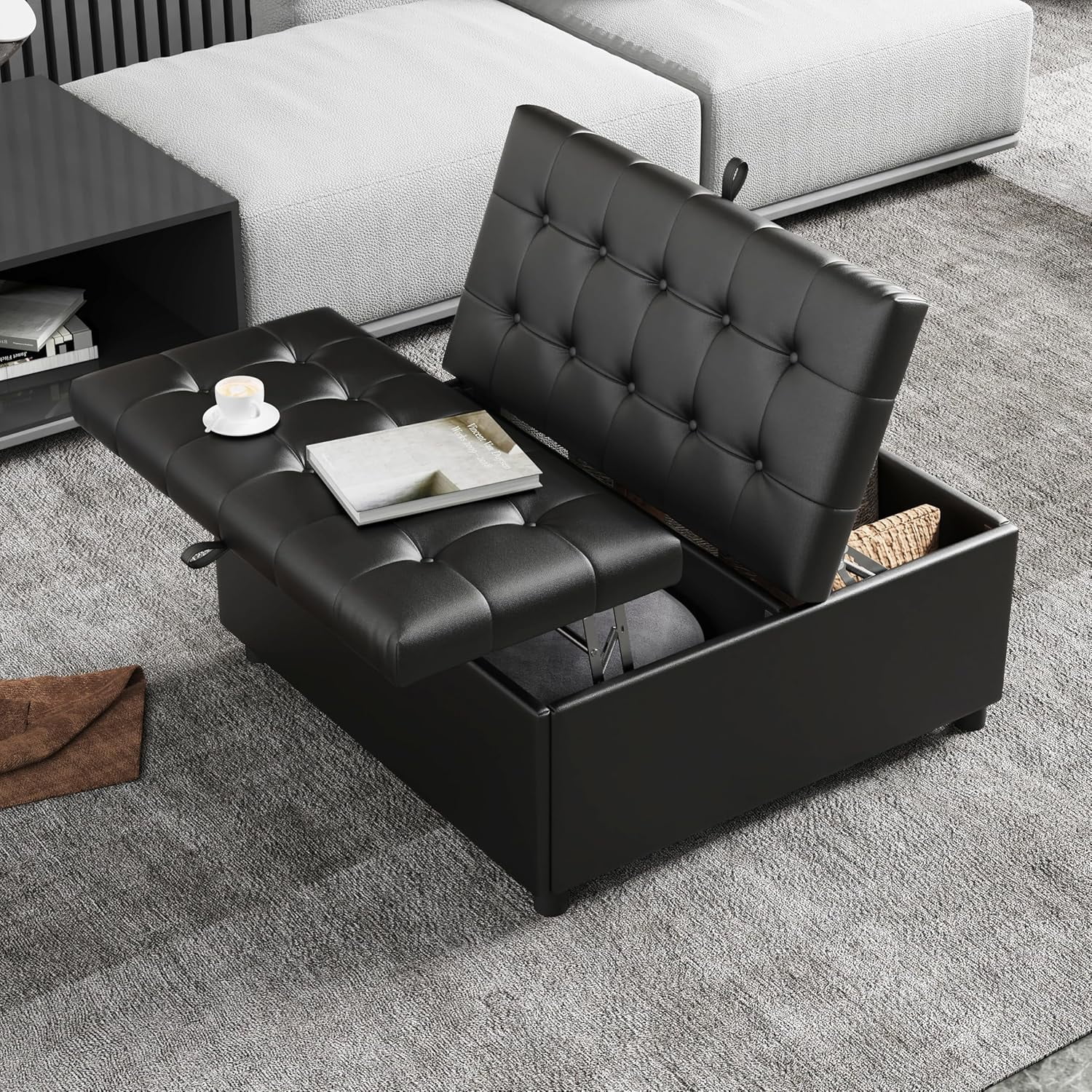 LINLUX 35.5 Inch Square Leather Storage Ottoman, Large Ottoman Coffee ...