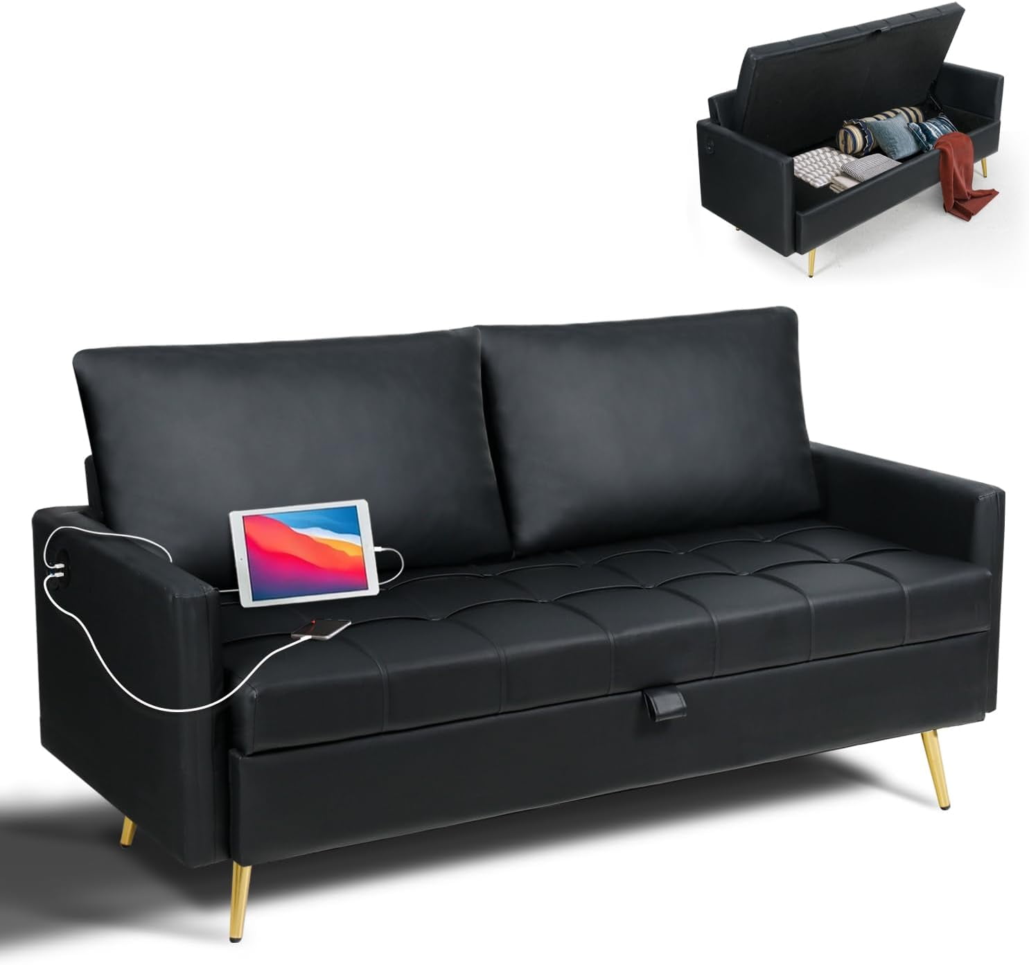 LINLUX 60" W Black Leather Couch with Storage, Loveseat Sofa Couches ...