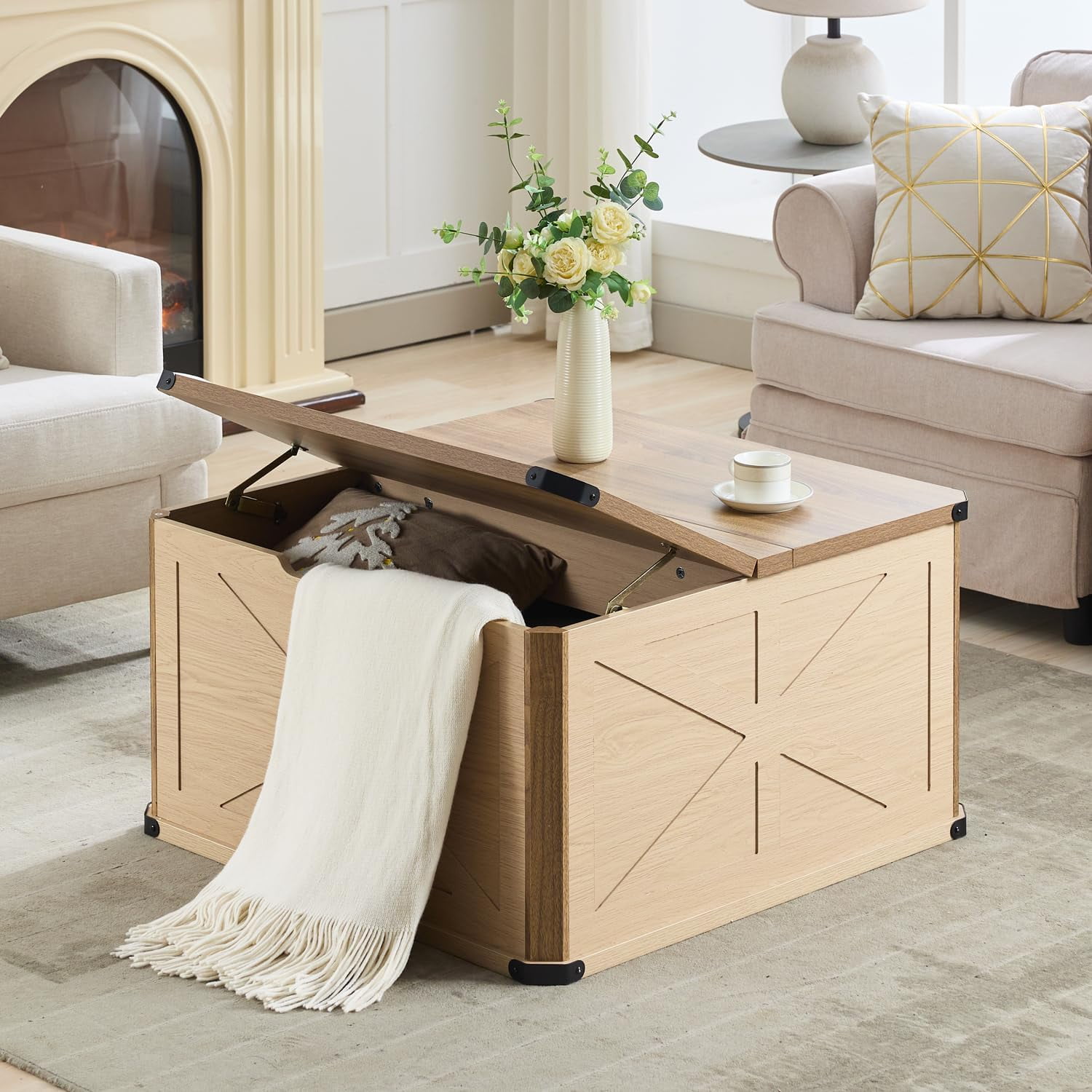 LINLUX Farmhouse Coffee Table with Sorage, Large Square Storage Coffee ...