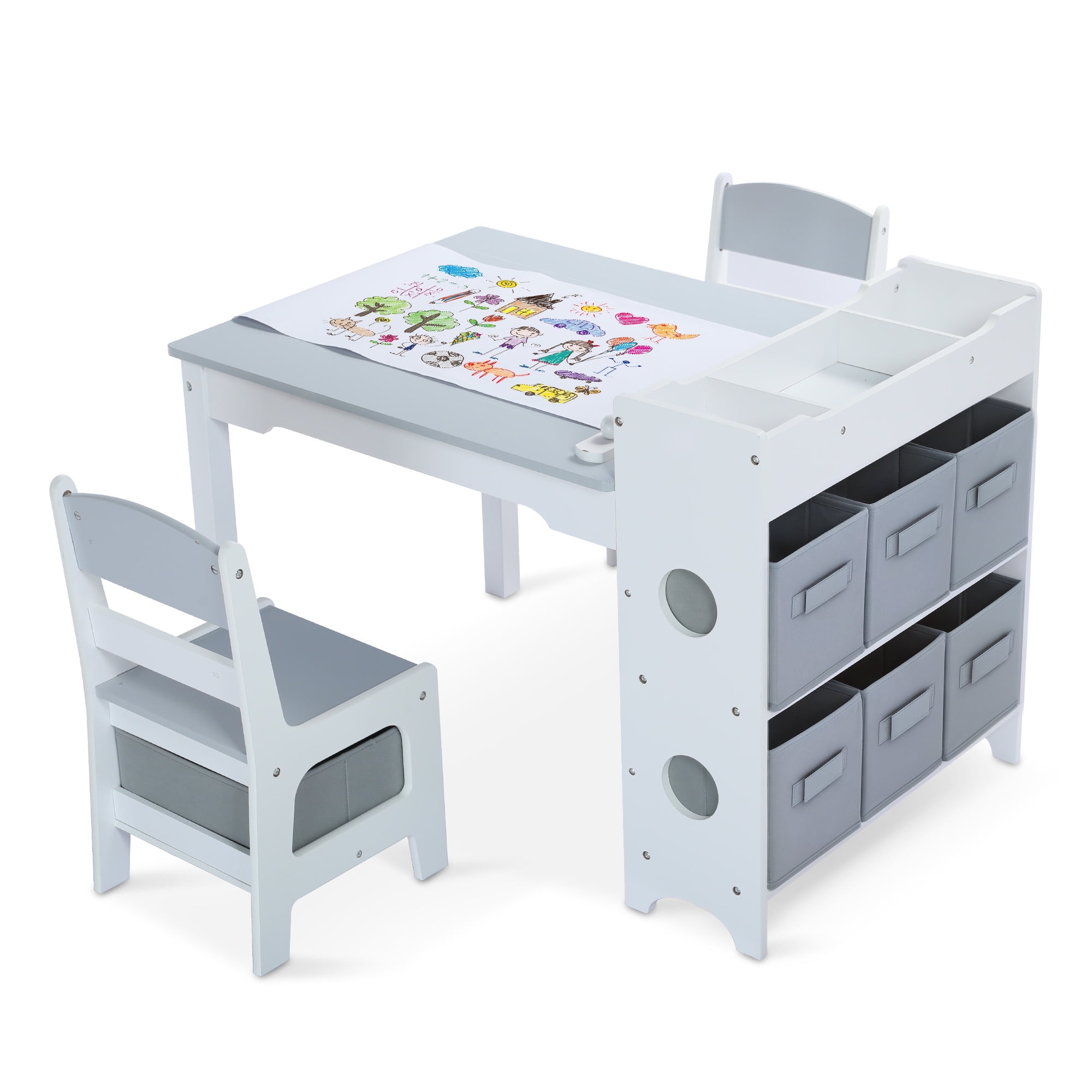 Linlux Kids Art Table and Chair Set, Grey, 2-in-1 Activity Desk with ...