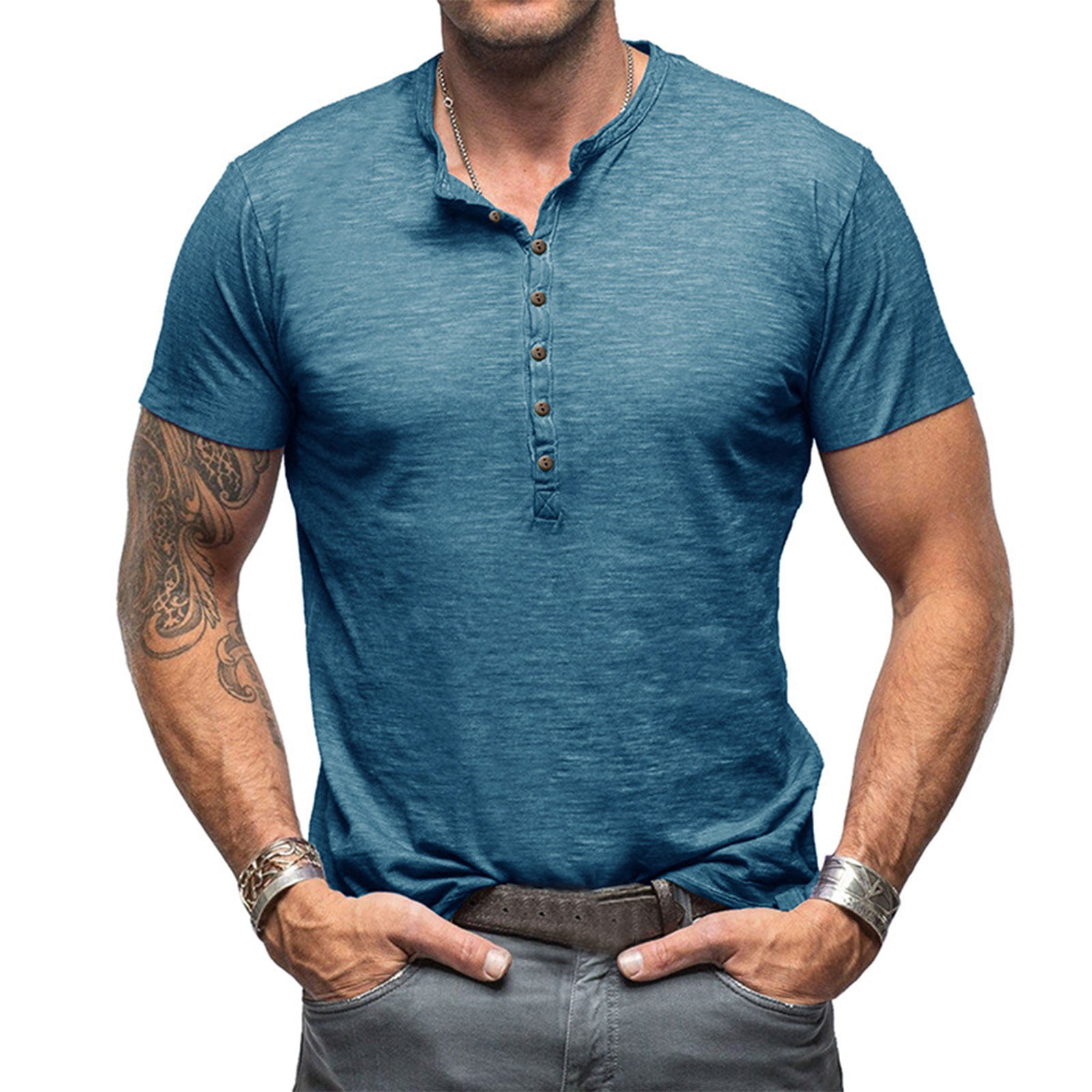 LINMOUA Men's And Big Men's Henley Shirts Summer Solid Color Top Round ...