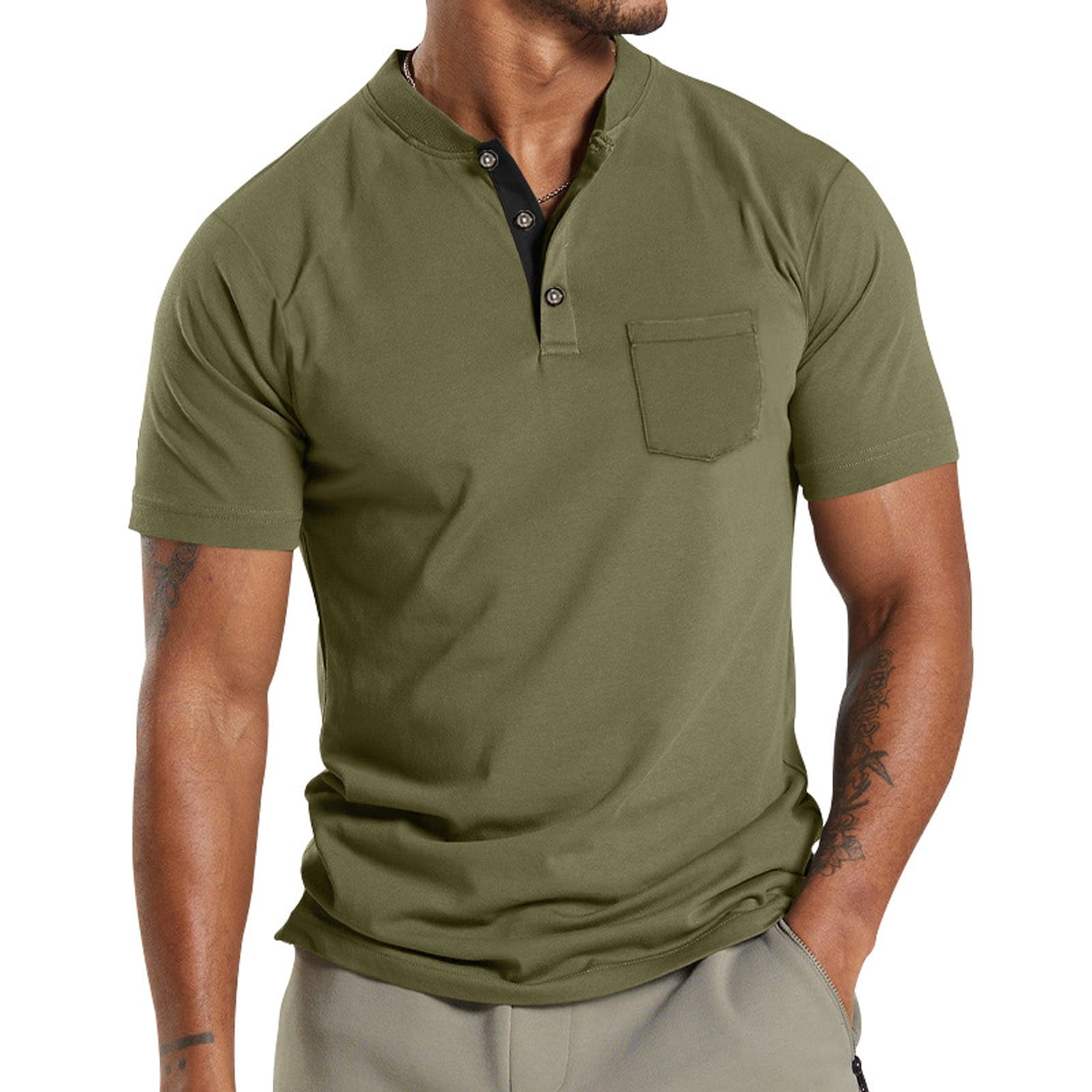 Linmoua Summer Mens And Big Mens Button Up T Shirt Henry Shirt Round Neck Short Sleeved Shirt