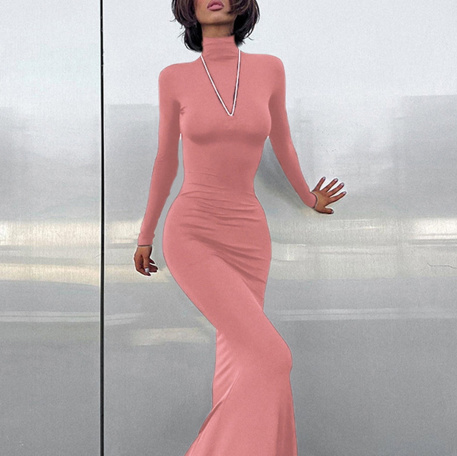 Linmoua Womens Fashion Sexy Solid Color High Neck Long Sleeved Dress