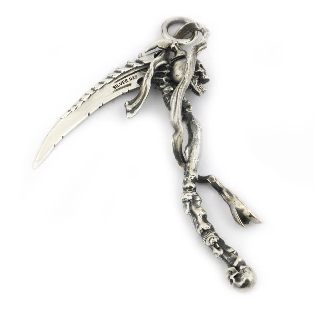 LINSION 925 Sterling Silver Reaper Skull Charm Sickle Scythe Biker ...