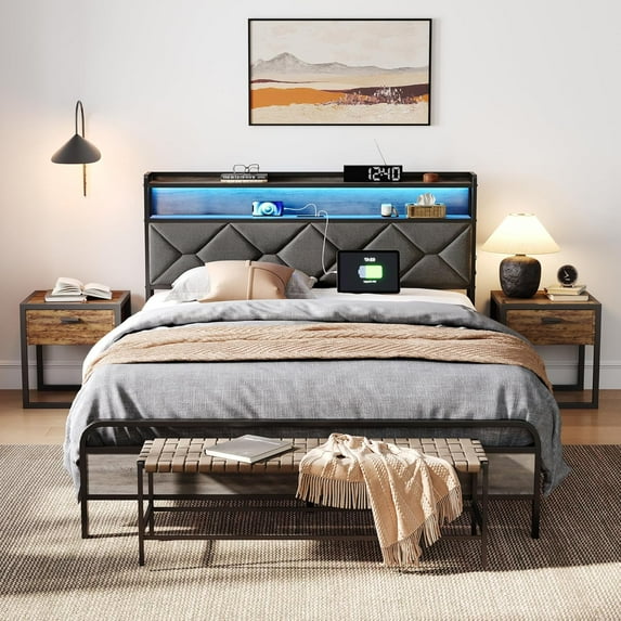 LINSY Full Size Bed Frame with Upholstered Headboard and High Footboard ...