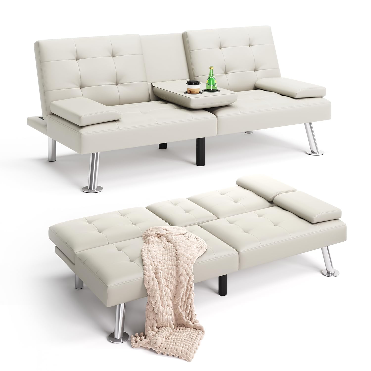 LINSY Futon Sofa Bed, Futon Couch, Faux Leather Black Futon Bed ...