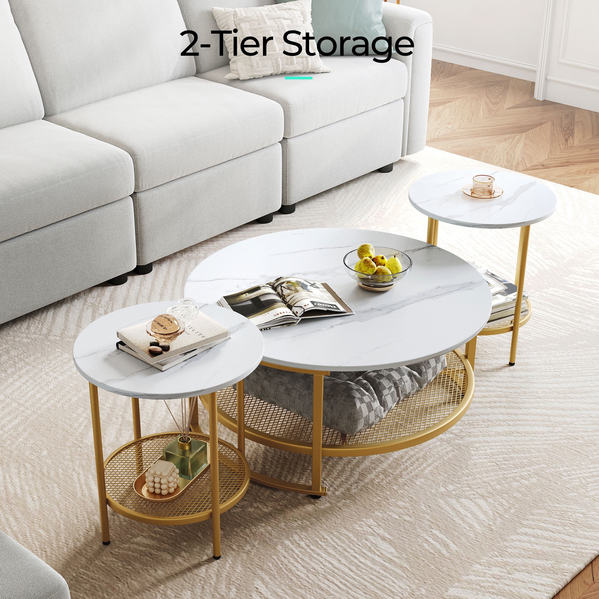 LINSY HOME 3 Piece Coffee Table Set, 2 Tiers Wooden Round Coffee Table ...