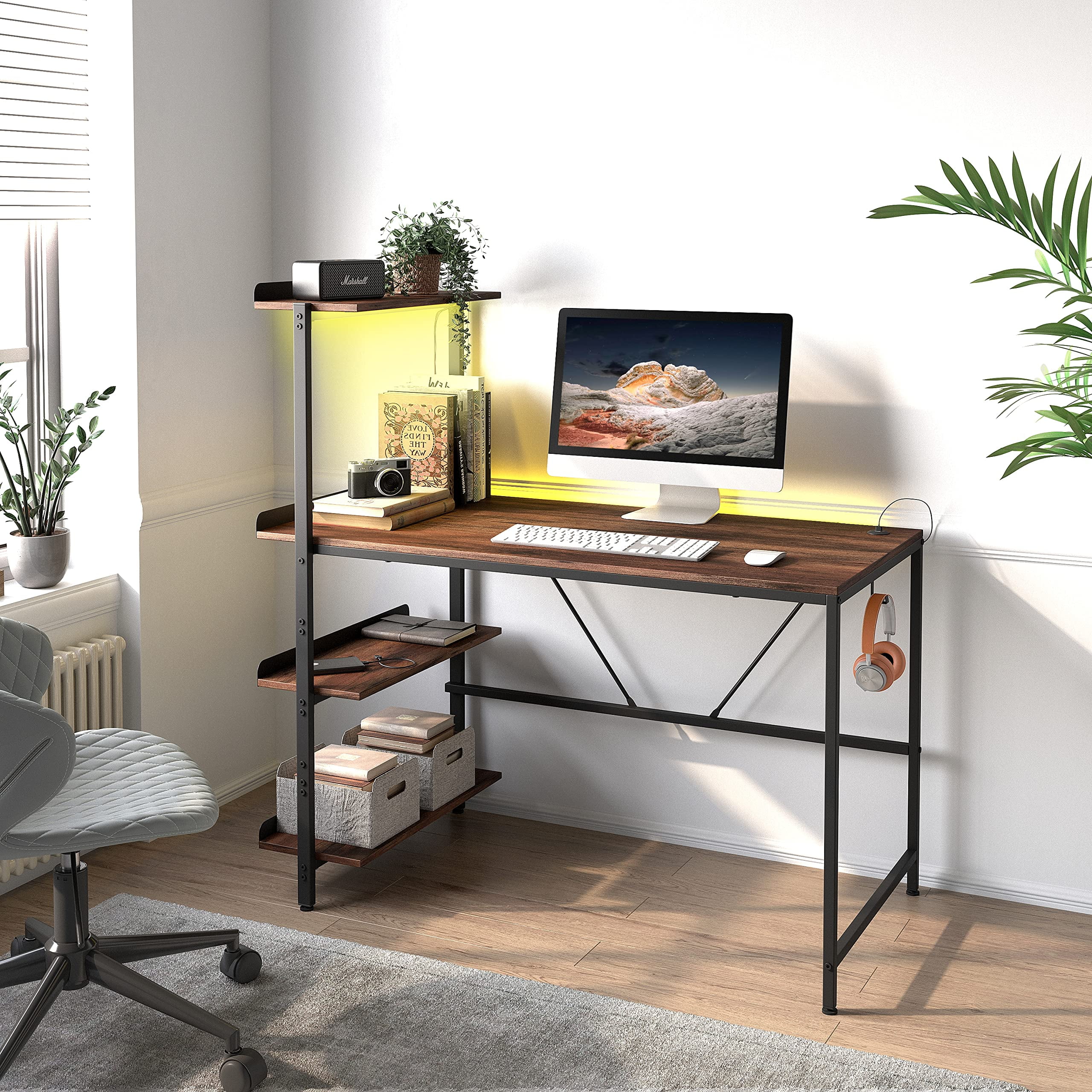 LINSY HOME 51 Inch Computer Desk with LED Light, Home Office Desk with ...