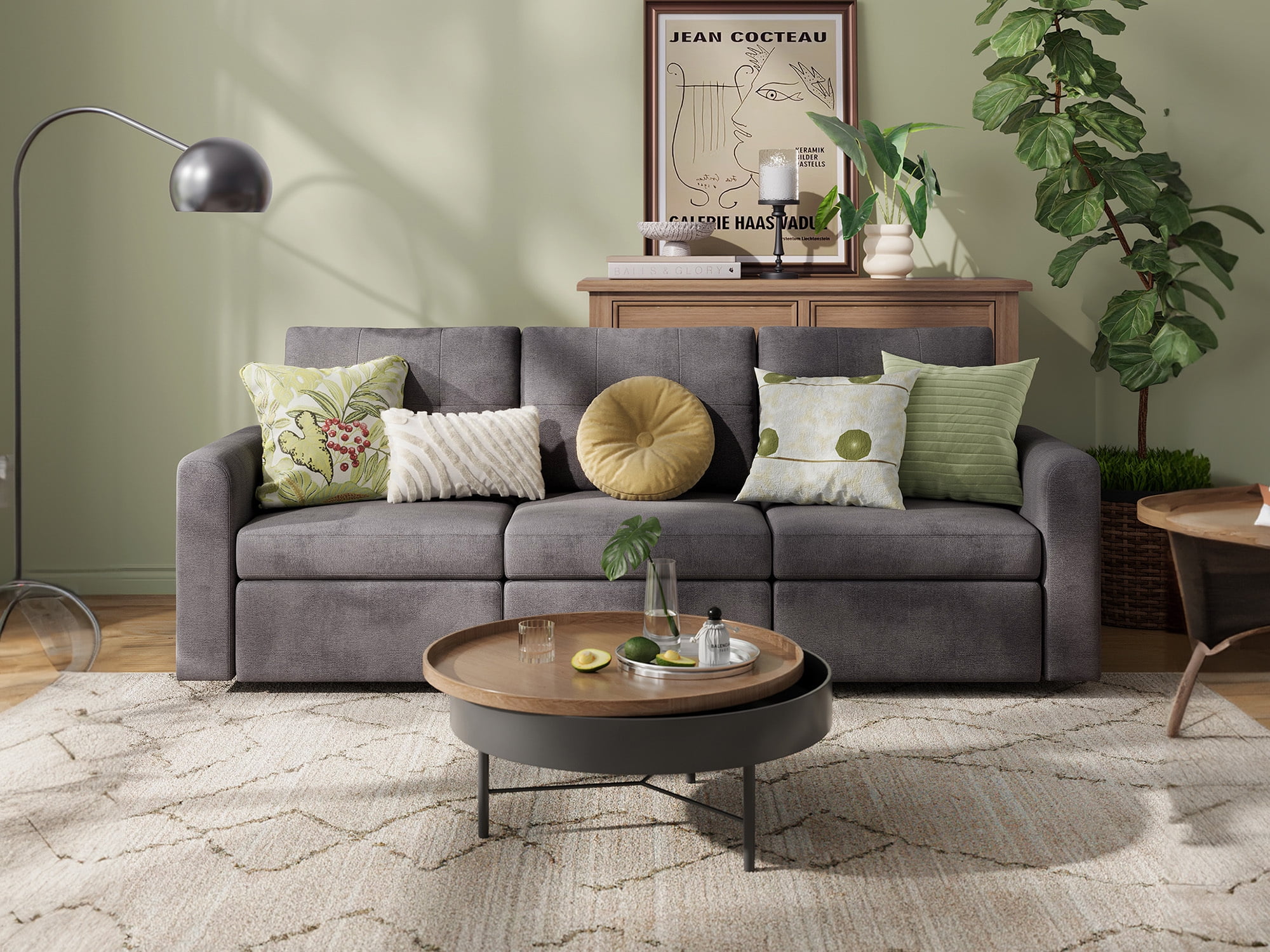 LINSY HOME 95"W Egyptian Cotton Modular Sofa with Storage Ottoman ...