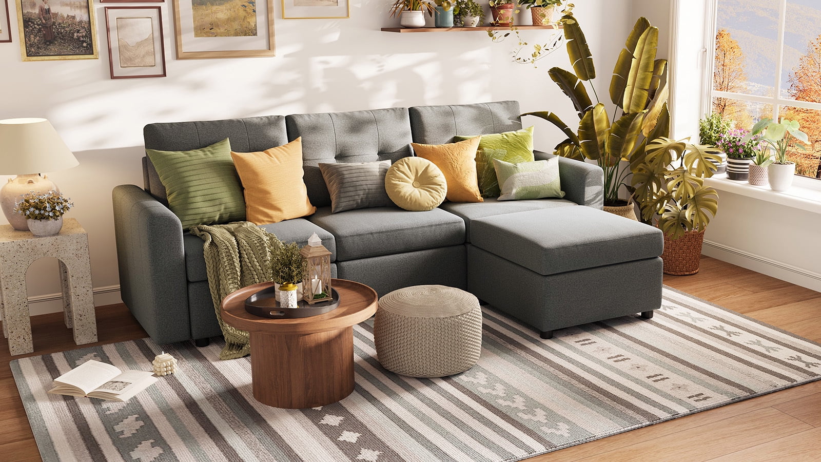 LINSY HOME 95"W Storage Modular Sectional Sofa Couch with Ottoman ...