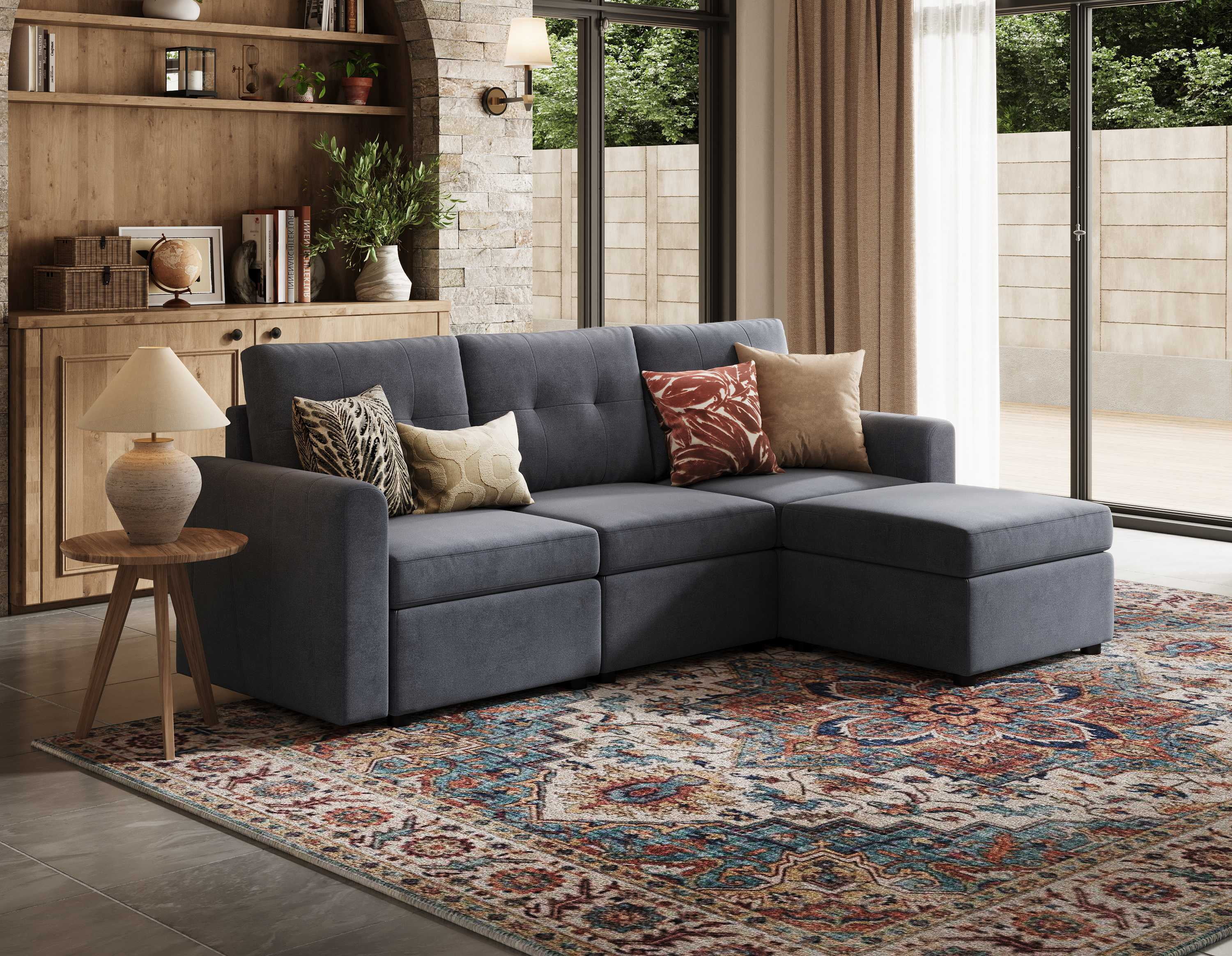 LINSY HOME 95"W Velvet Storage Modular Sectional Sofa Couch with Ottoman, RUBIK III Oversized 3 ...