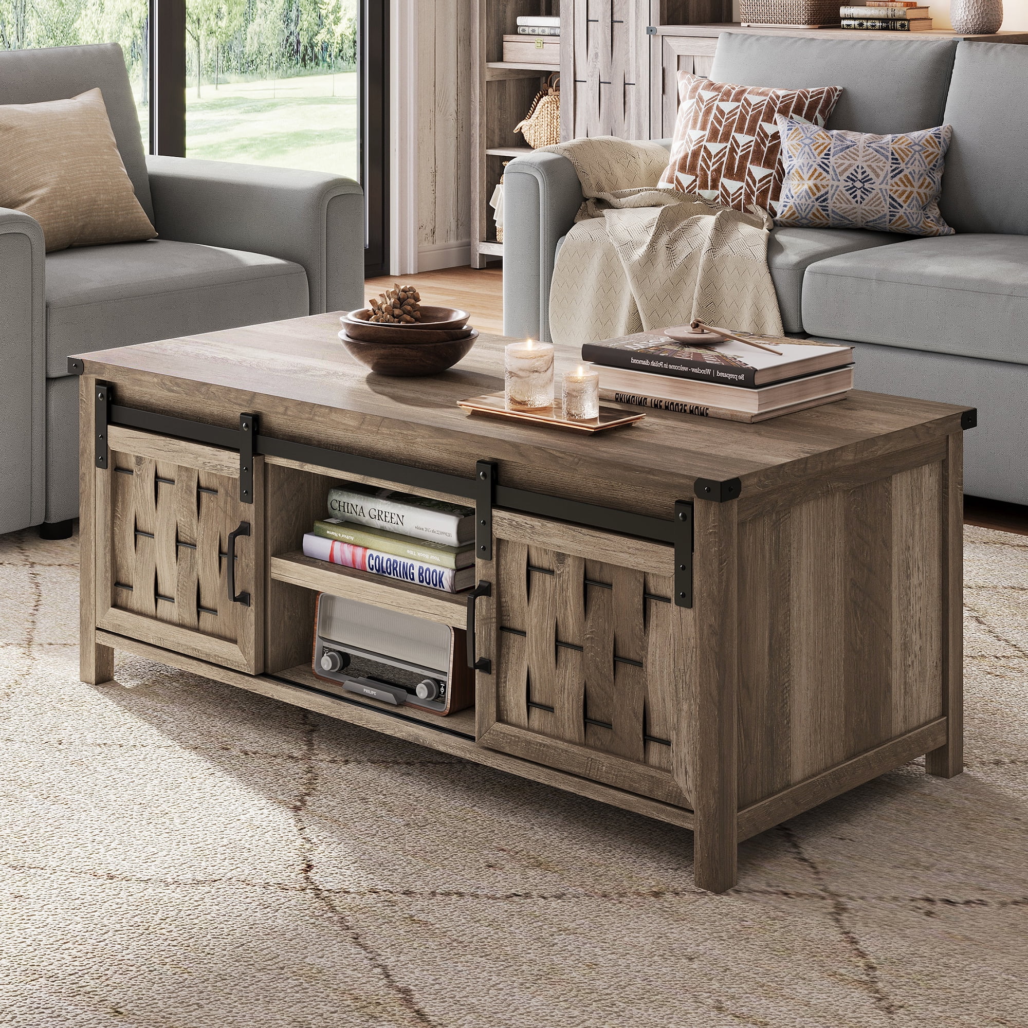 LINSY HOME Coffee Table with Storage & Sliding Barn Doors, Farmhouse ...